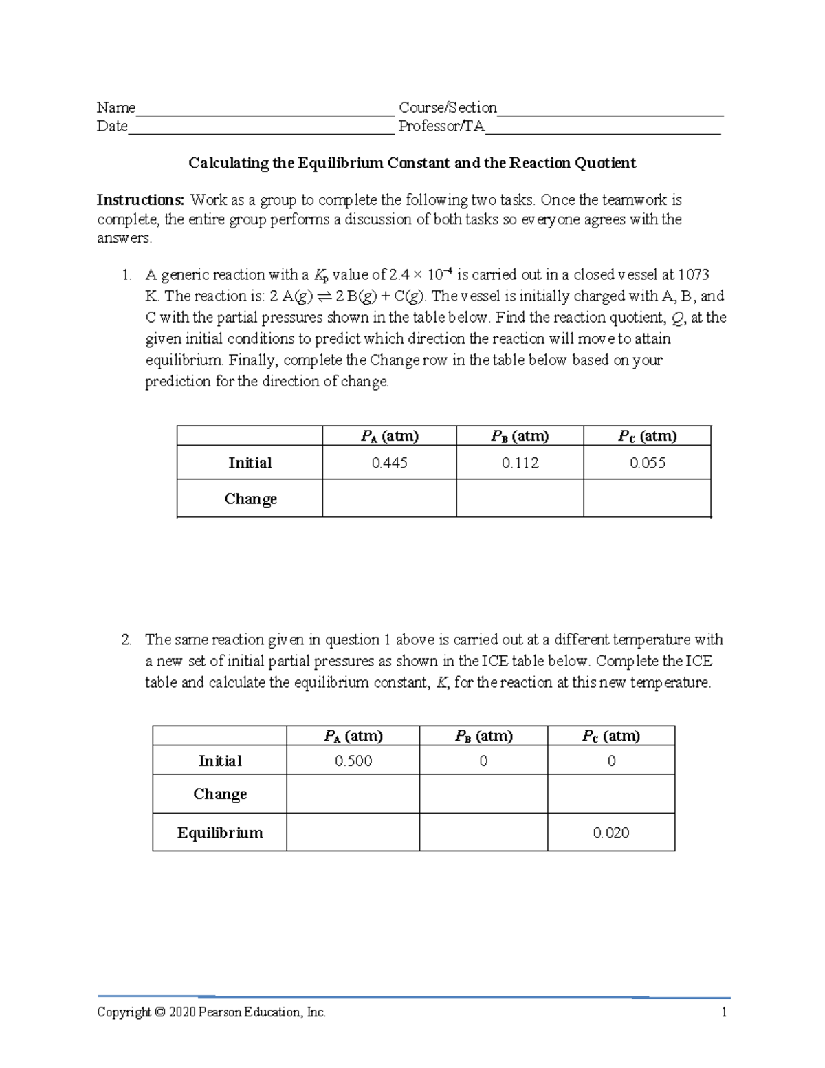 In-class Activity - Calculating the Equilibrium Constant and the ...
