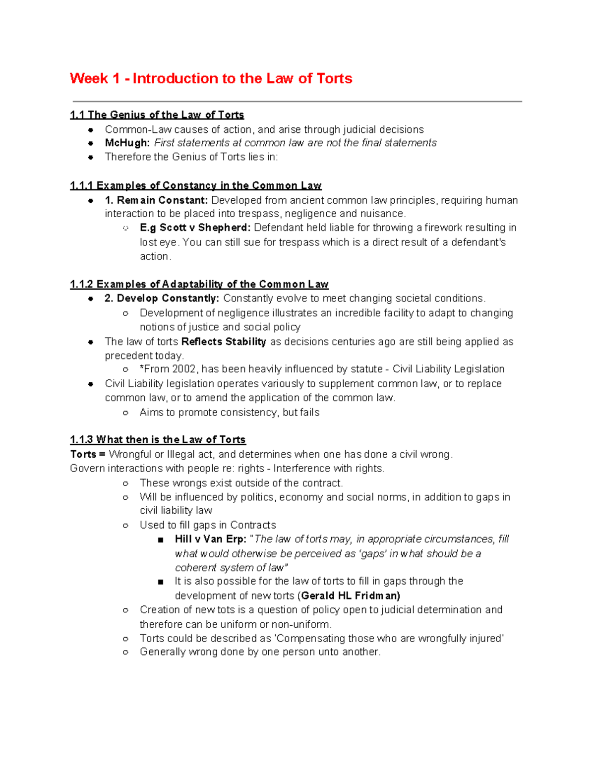 Torts EXAM Notes - .... - Week 1 - Introduction to the Law of Torts 1 ...