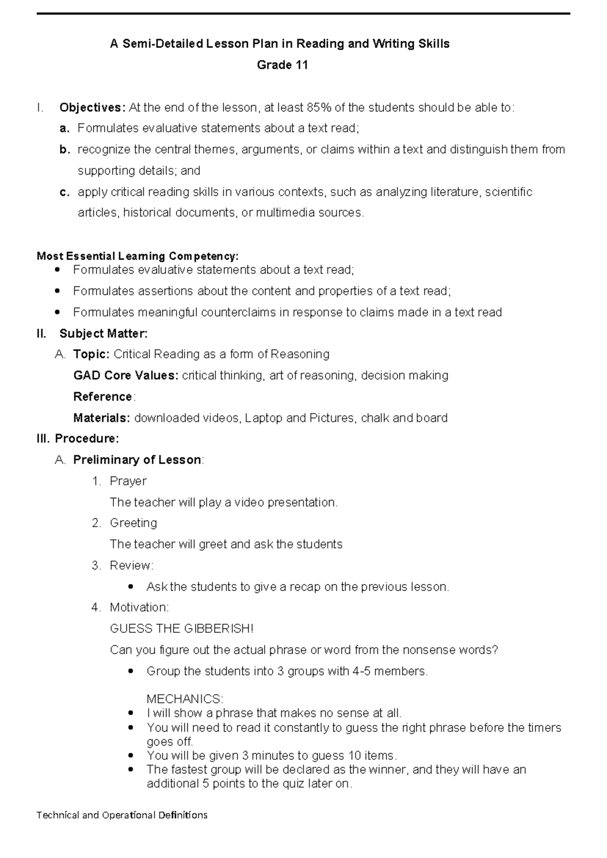 Critical thinking lp (Auto Recovered) - A Semi-Detailed Lesson Plan in ...