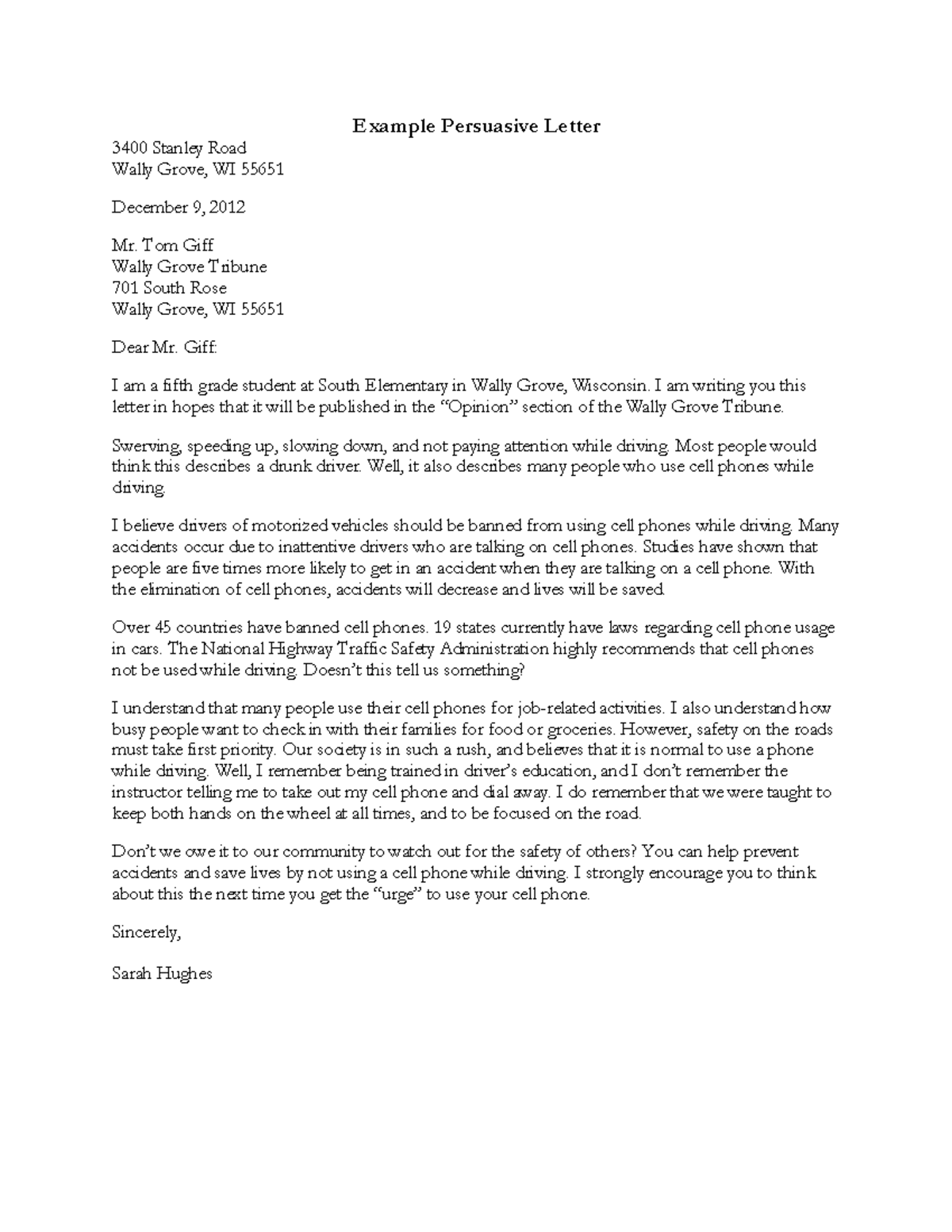 Example Persuasive Letter - Tom Giff Wally Grove Tribune 701 South Rose ...