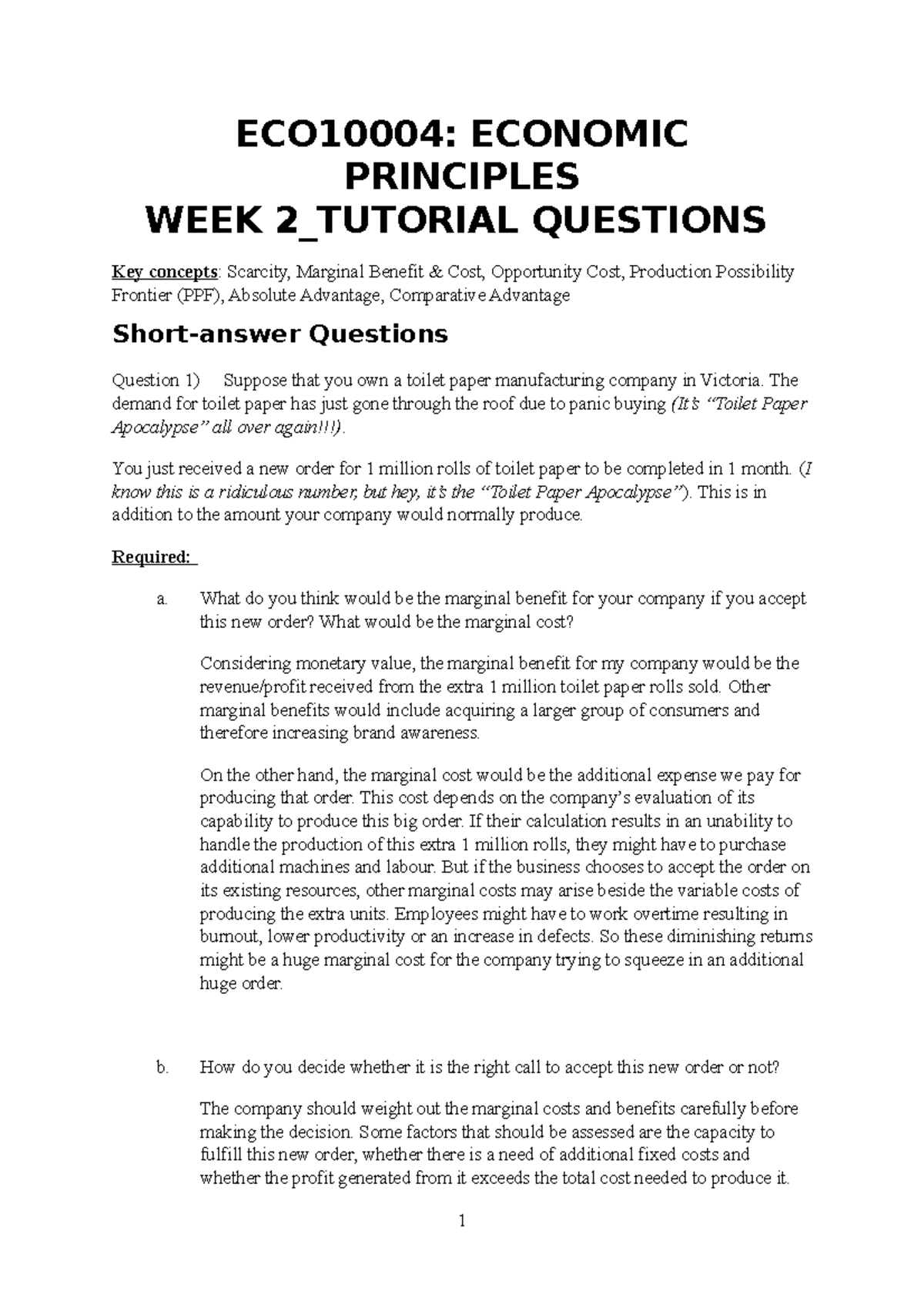 Week 2 Tutorial Questions - ECO10004: ECONOMIC PRINCIPLES WEEK 2 ...