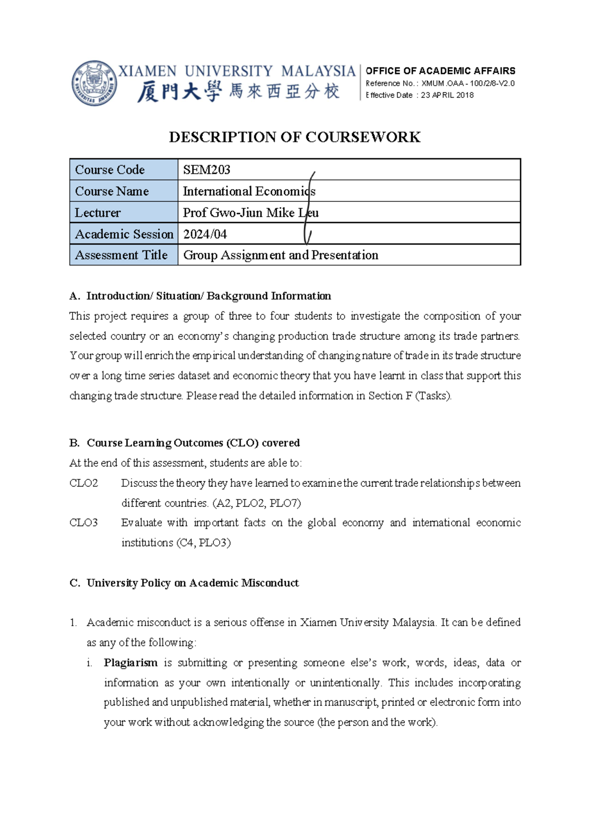 SEM203 Group Assignment Question 202404 - DESCRIPTION OF COURSEWORK Course Code SEM Course Name ...