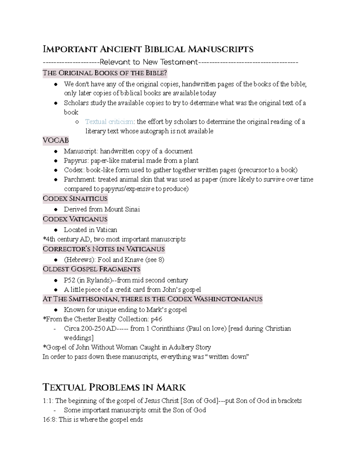 Intro to Four Gospels notes - Important Ancient Biblical Manuscripts ...