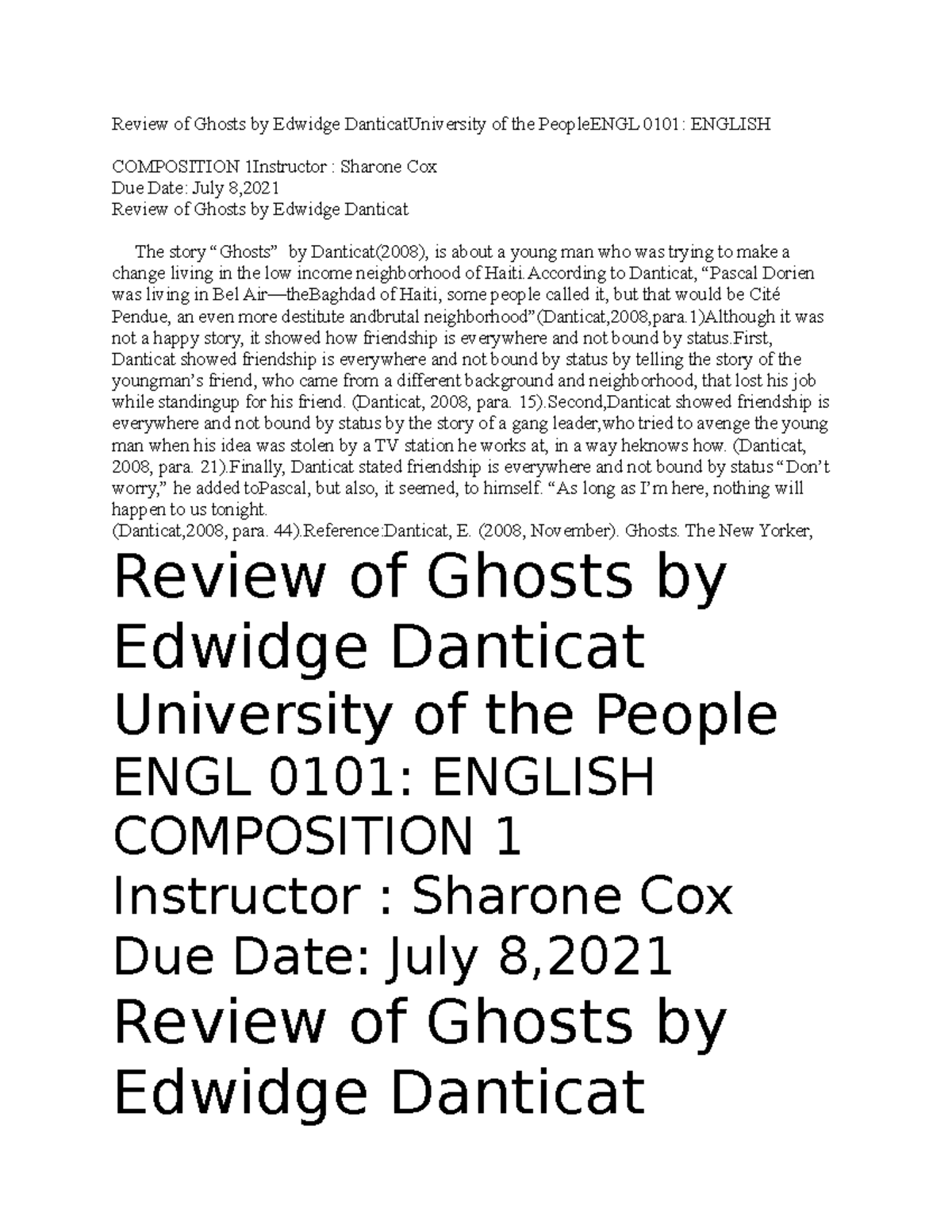 Ghost - summary - Review of Ghosts by Edwidge DanticatUniversity of the ...