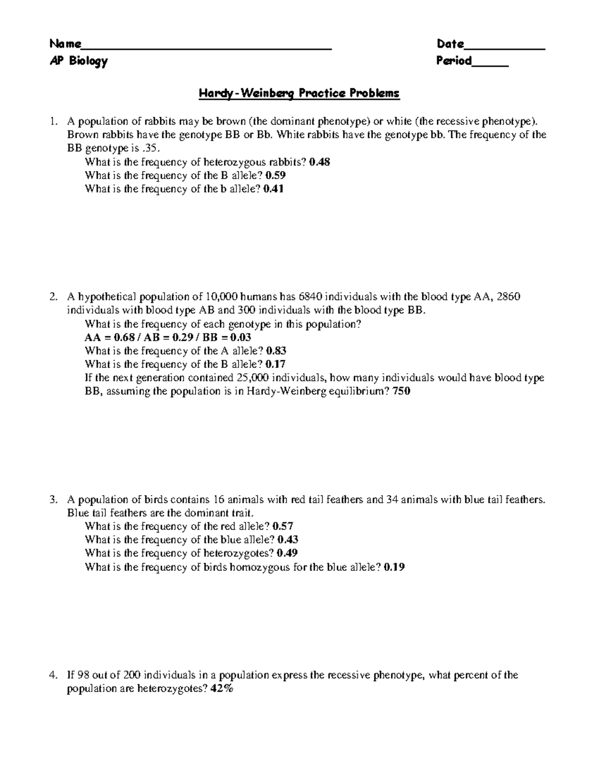 Hardy-weinberg practice questions - Name ...
