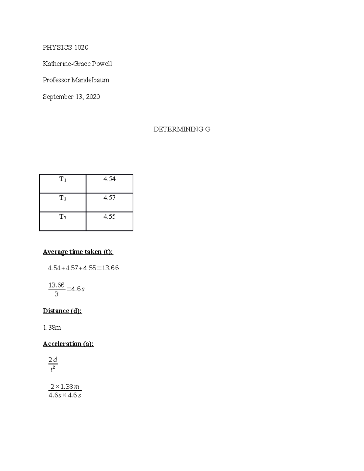 Determining G (Physics) - PHYSICS 1020 Katherine-Grace Powell Professor ...