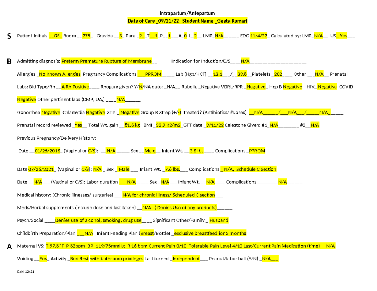 Intrapartum Antepartum Assignment( Filled) - S B A Intrapartum ...