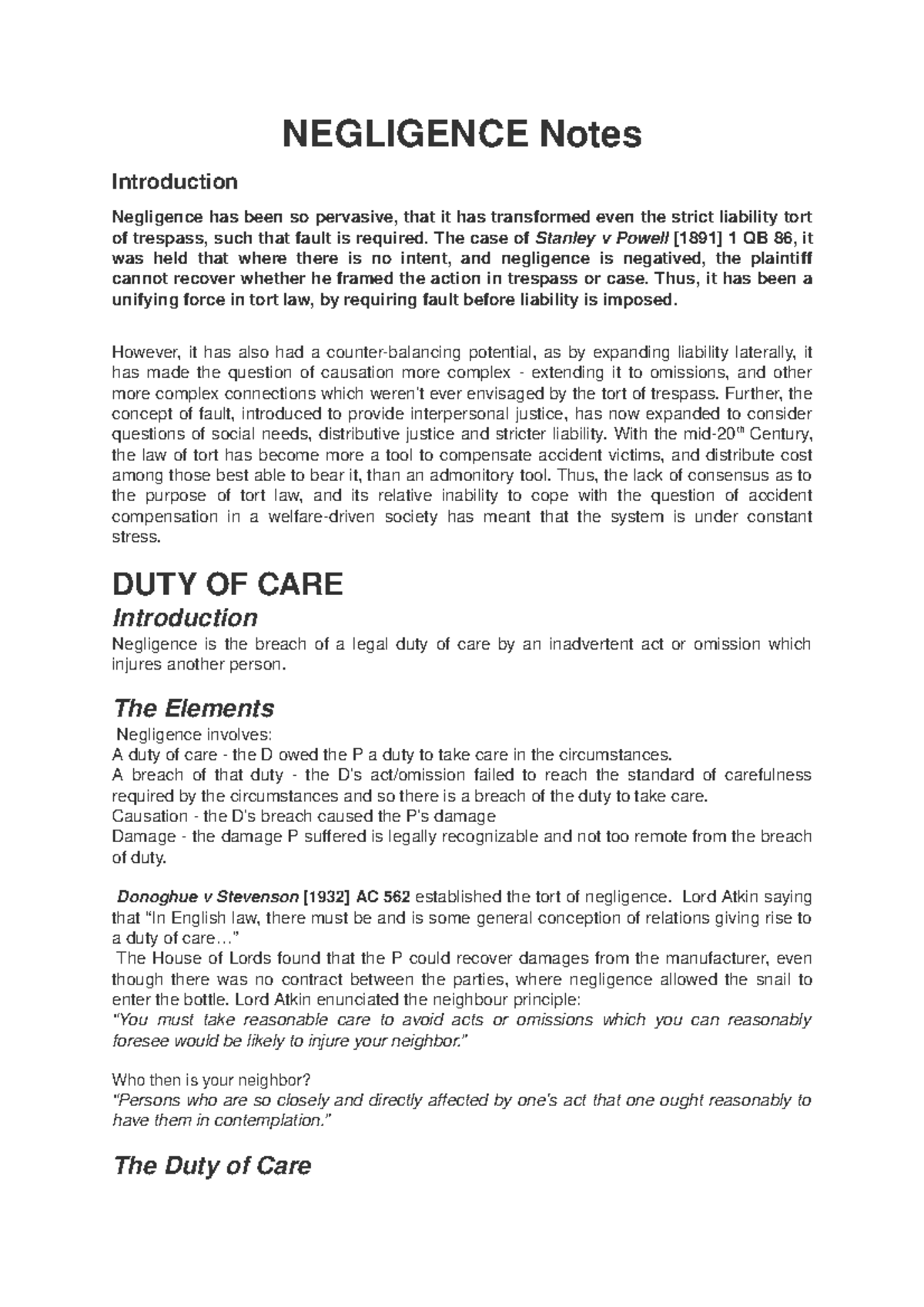 Negligence Notes and strict liability - NEGLI GENCE Notes ...
