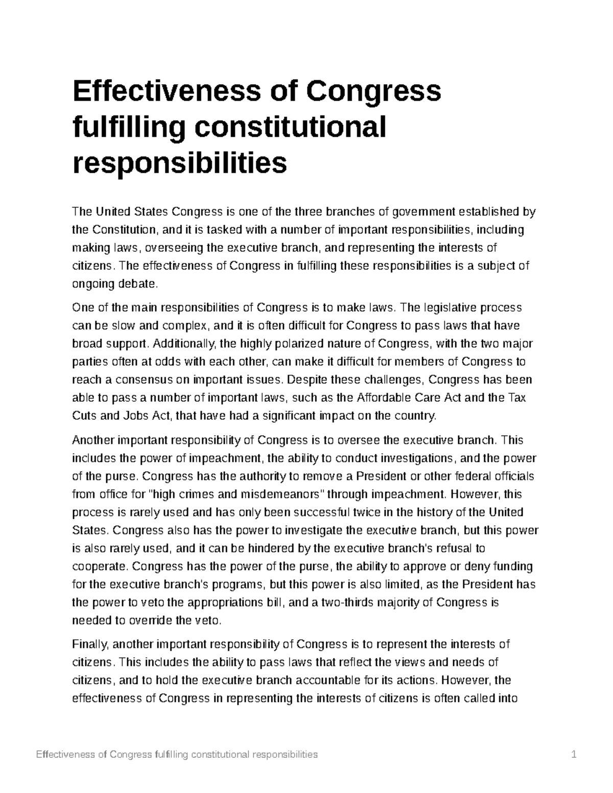 Effectiveness of Congress fulfilling constitutional responsibilities ...