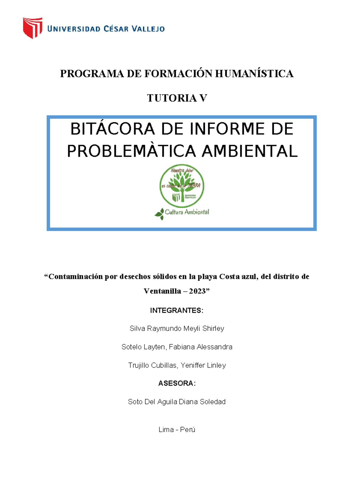 C. Informe Tutoria V - PROGRAMA DE FORMACIÓN HUMANÍSTICA TUTORIA V “Contaminación por desechos ...