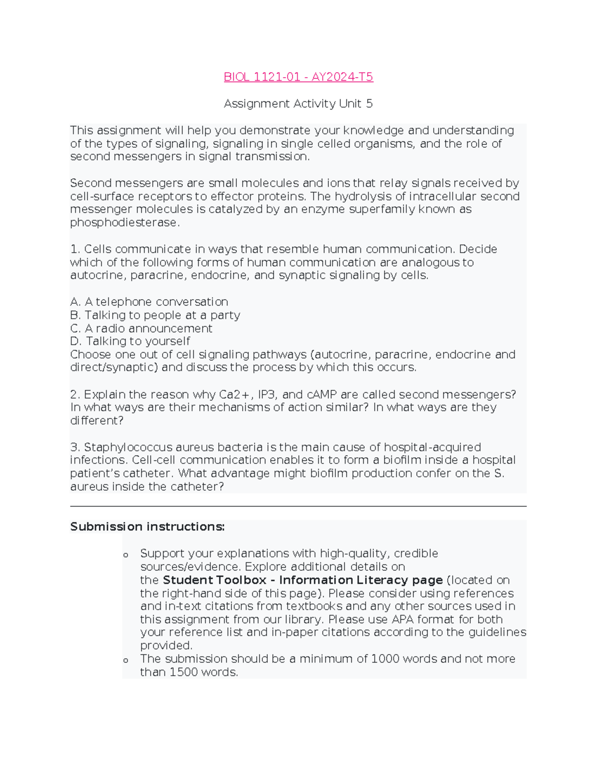 Biol 1121 Activity 5 Unit 5 Biol 1121 01 Ay2024 T Assignment Activity Unit 5 This