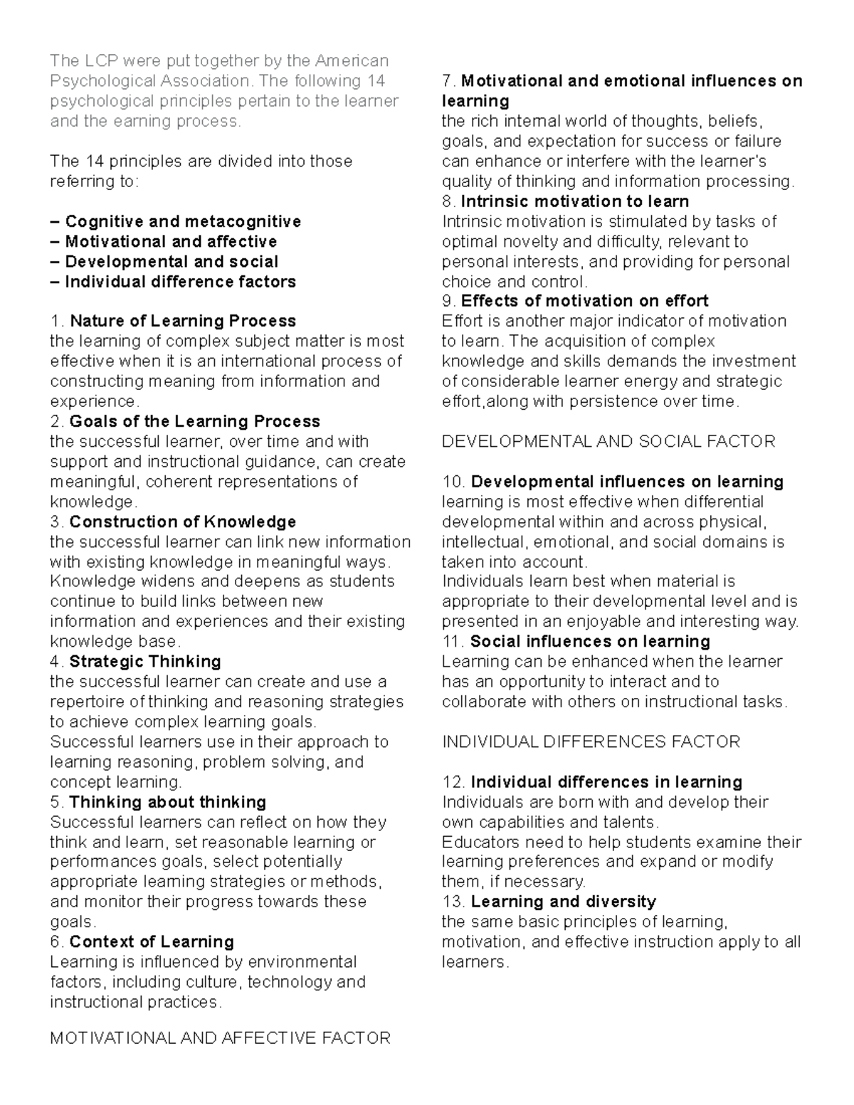 The Learning Centered Principles - The LCP were put together by the ...