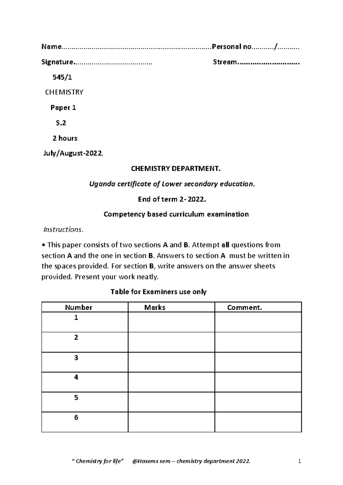 S2 Chemistry Paper 1 END OF TERM 2 Competency Based Curriculum ...