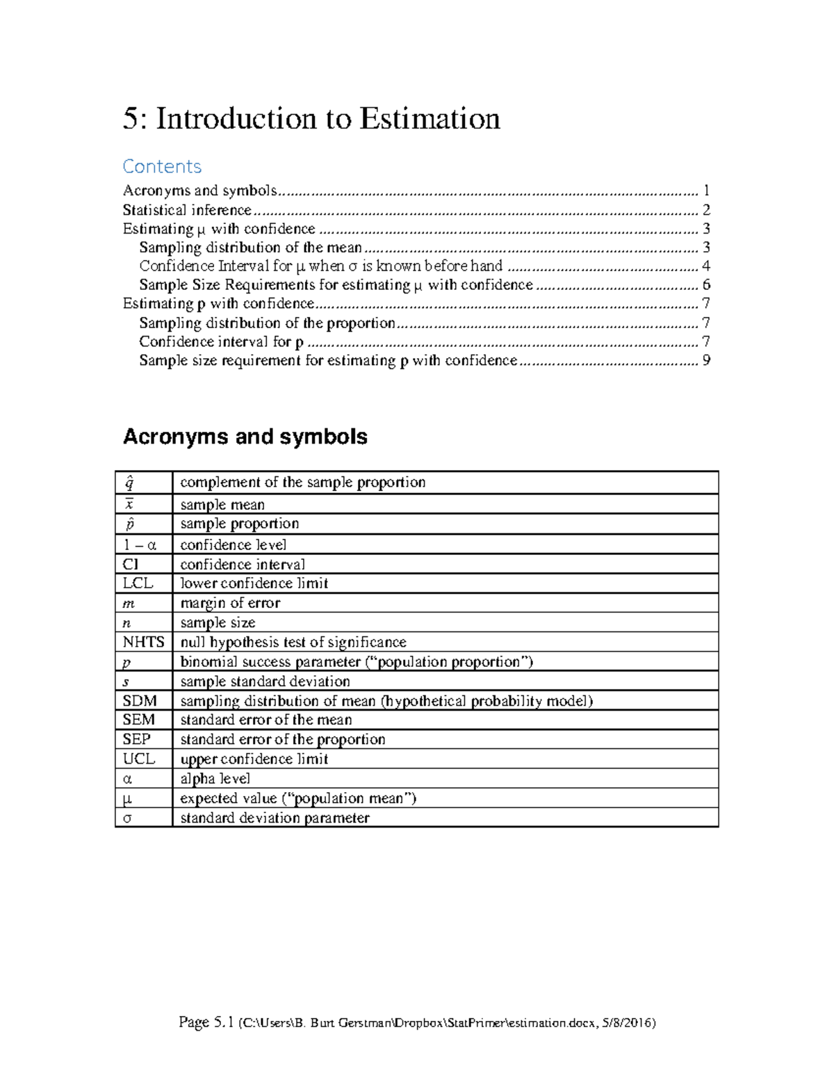 Estimation - Summary - 5: Introduction to Estimation Contents Acronyms ...