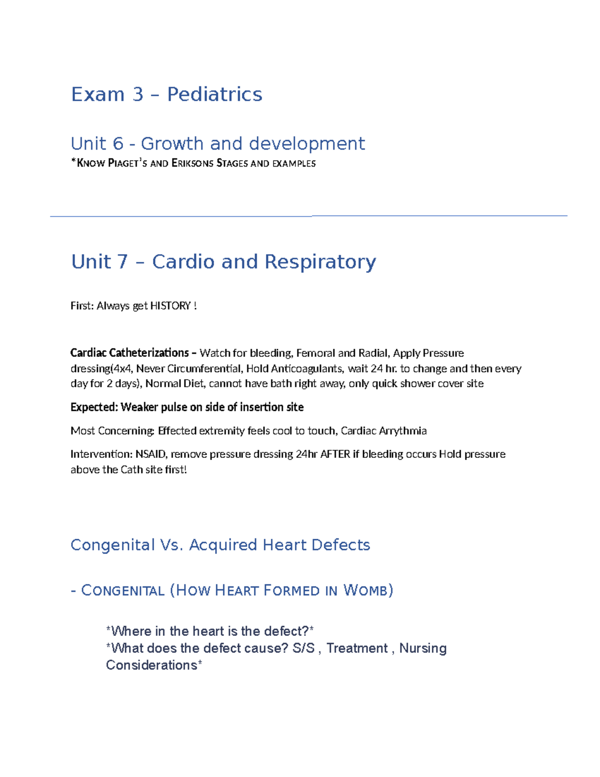 Exam 3 Peds - notes - Exam 3 – Pediatrics Unit 6 - Growth and ...