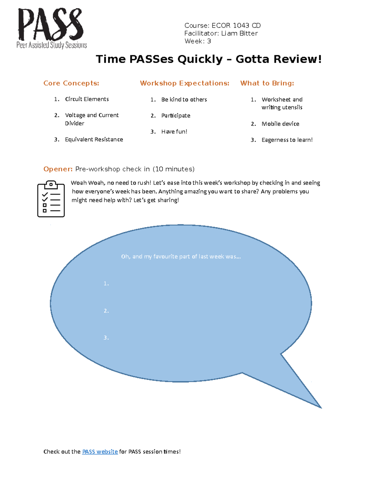 PASS Worksheet ECOR 1047 - Facilitator: Liam Bitter Week: 3 Time PASSes ...