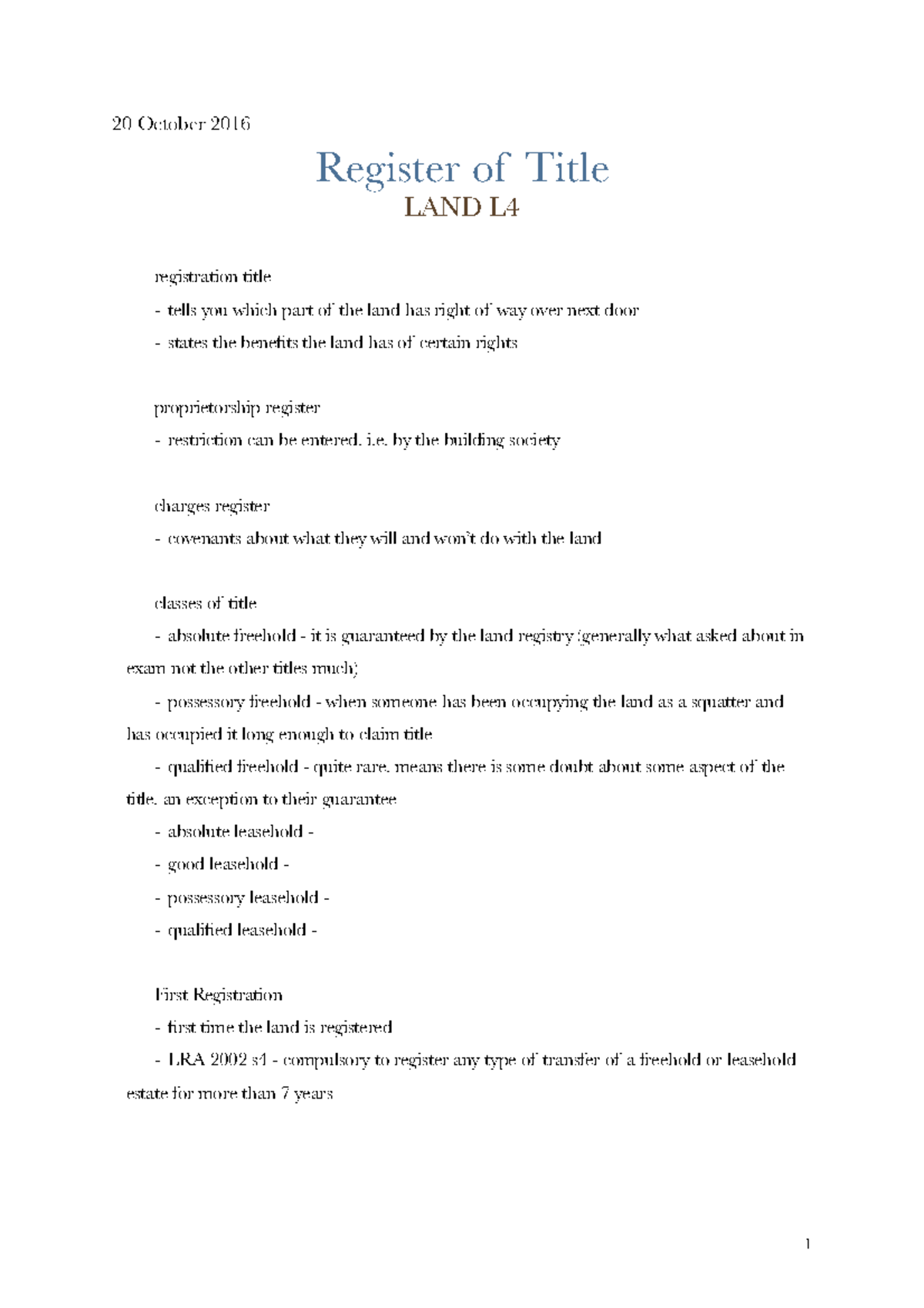 L4 Register of Title - Lecture notes 1 - 20 October 2016 Register of ...