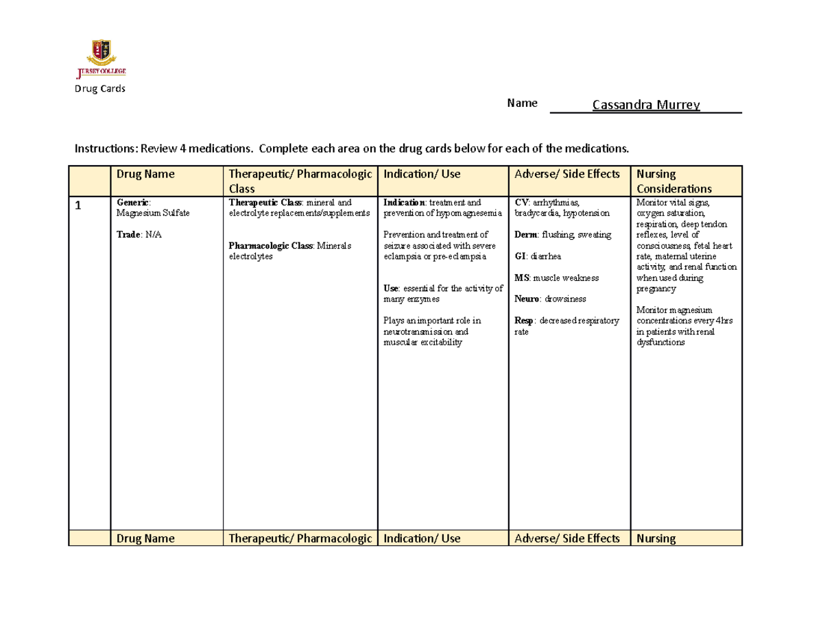 Maternal and newborn week 2 - Drug Cards Name Cassandra Murrey ...