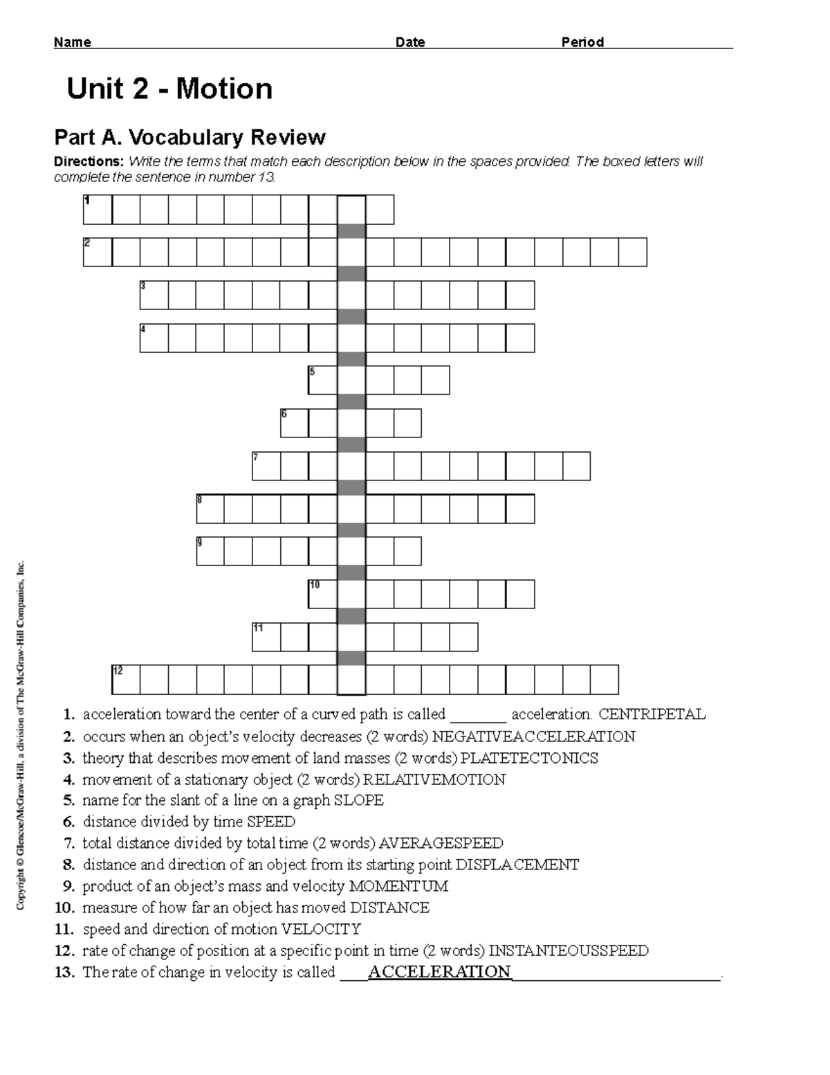 Unit two review motion key - Name Date Period Part A. Vocabulary Review ...