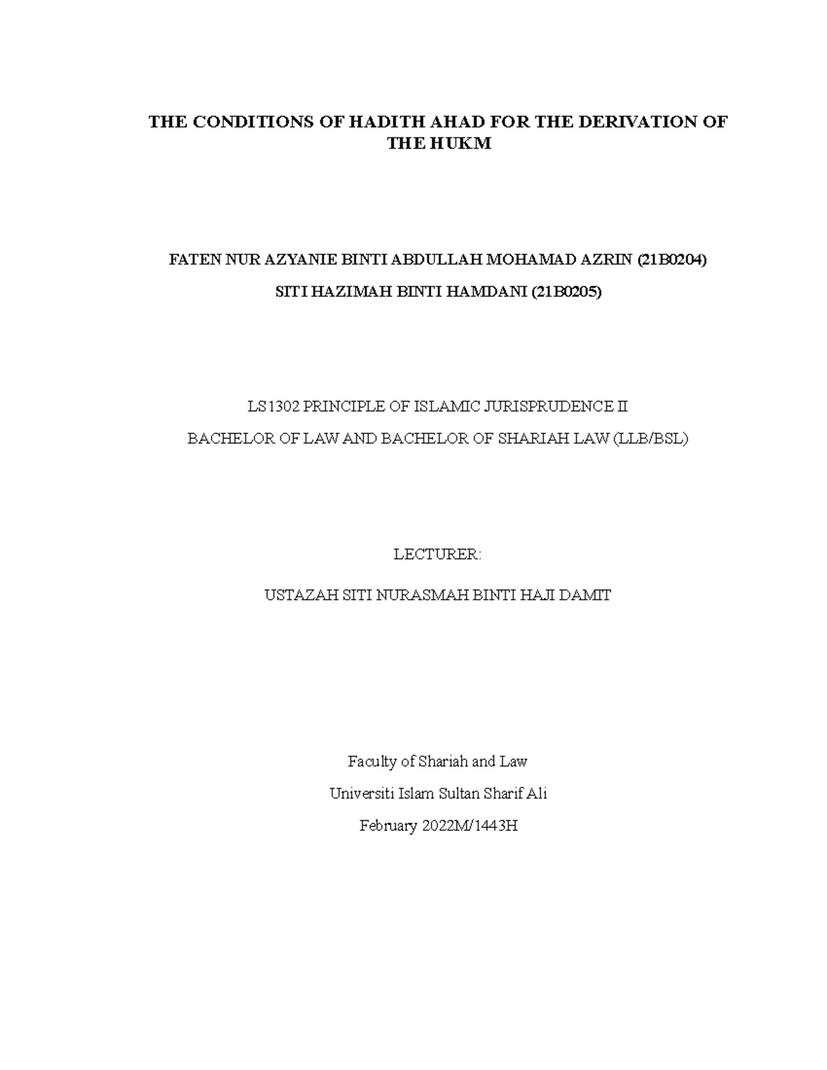 POIJ Assignment (modified) - THE CONDITIONS OF HADITH AHAD FOR THE ...