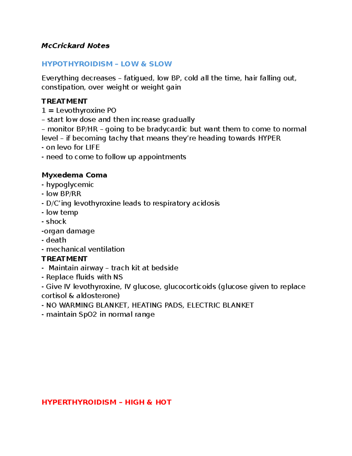 Exam 2 Notes Unit 4-6 - McCrickard Notes HYPOTHYROIDISM – LOW & SLOW ...