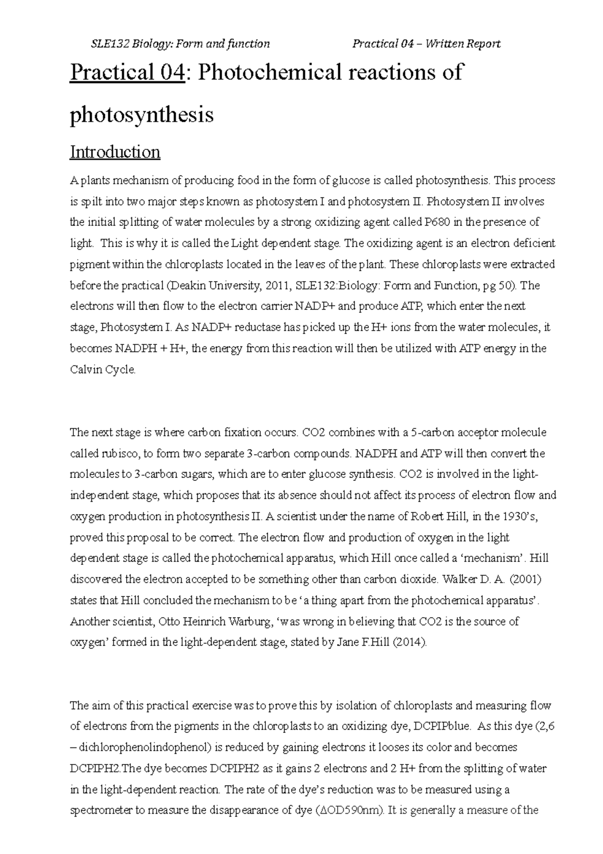 Essay "Lab practical reports" - grade 90% - SLE132 Biology: Form and ...