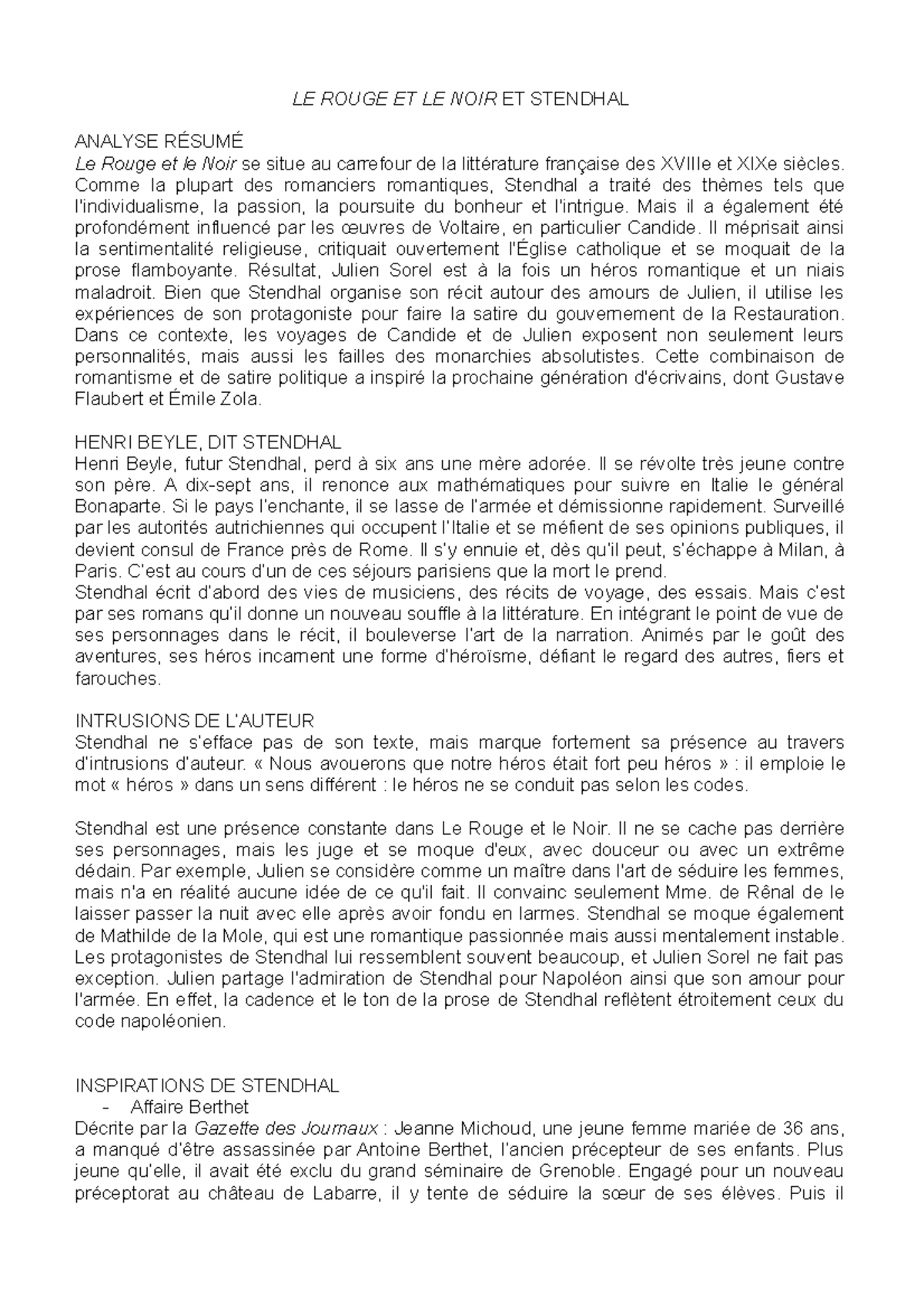 Stendhal et Le Rouge et le Noir - LE ROUGE ET LE NOIR ET STENDHAL ...