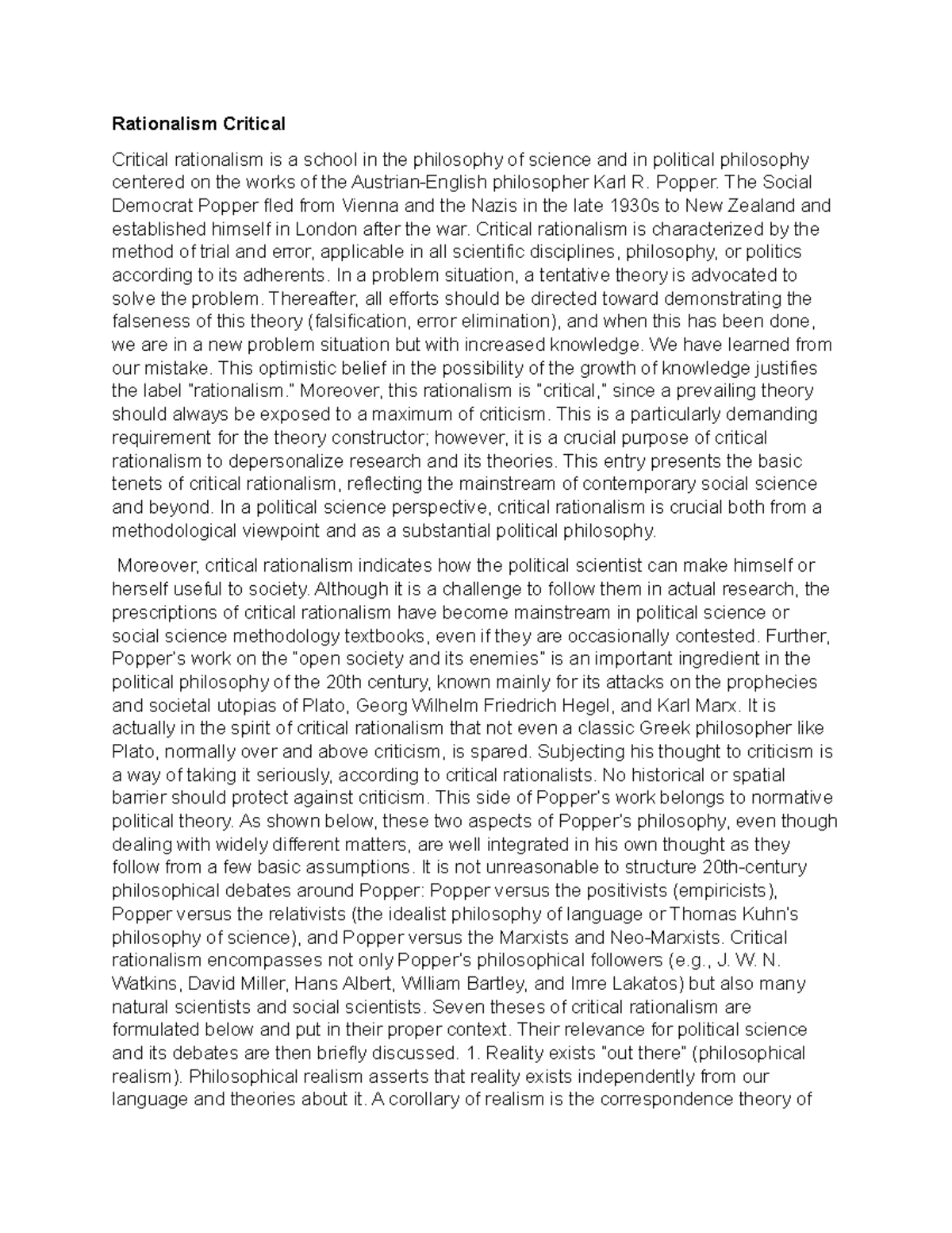 Rationalism Critical - Rationalism Critical Critical rationalism is a ...