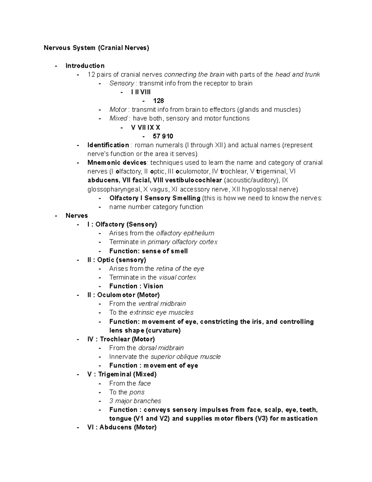Cranial Nerves lecture notes - Nervous System (Cranial Nerves ...