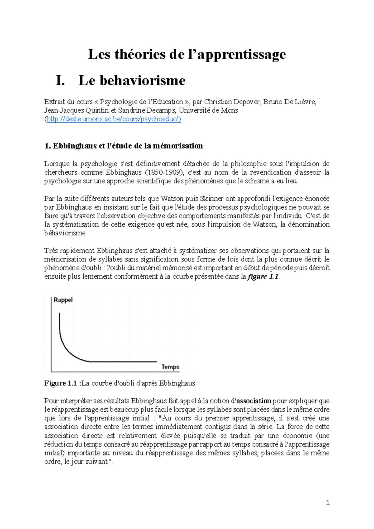 Behaviorism e - good - Les théories de l’apprentissage I. Le ...