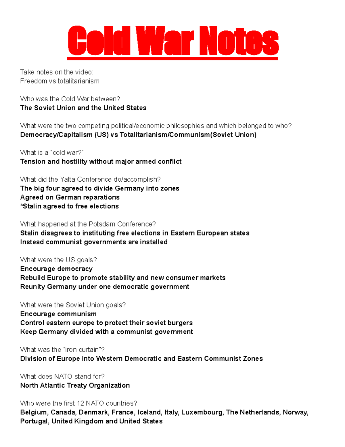 Cold War Notes - Cold War Notes Take notes on the video: Freedom vs ...