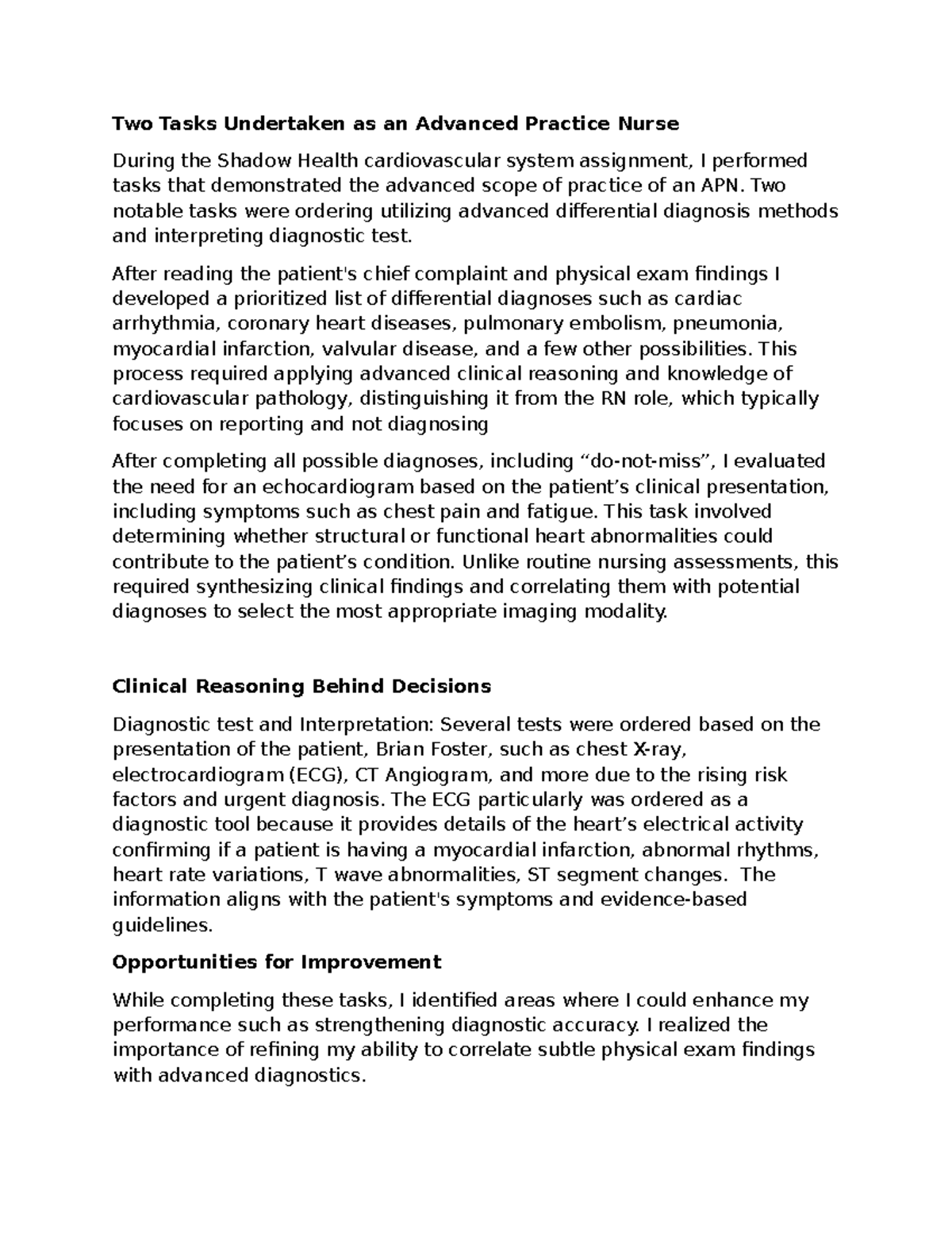 Discussion 4 Shadow Health Cardiac - Two Tasks Undertaken as an ...