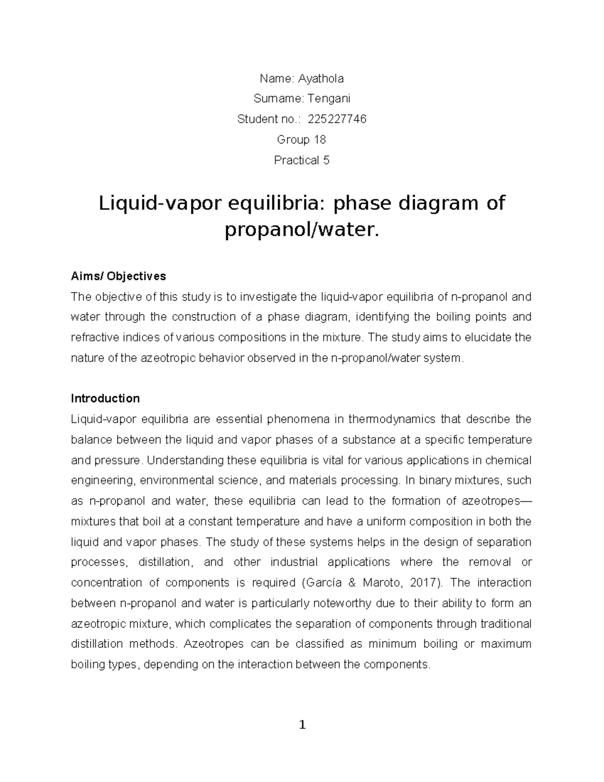 Document 24 - Experiment 5: Liquid-vapor equilibria: phase diagram of propanol/water. - Name ...