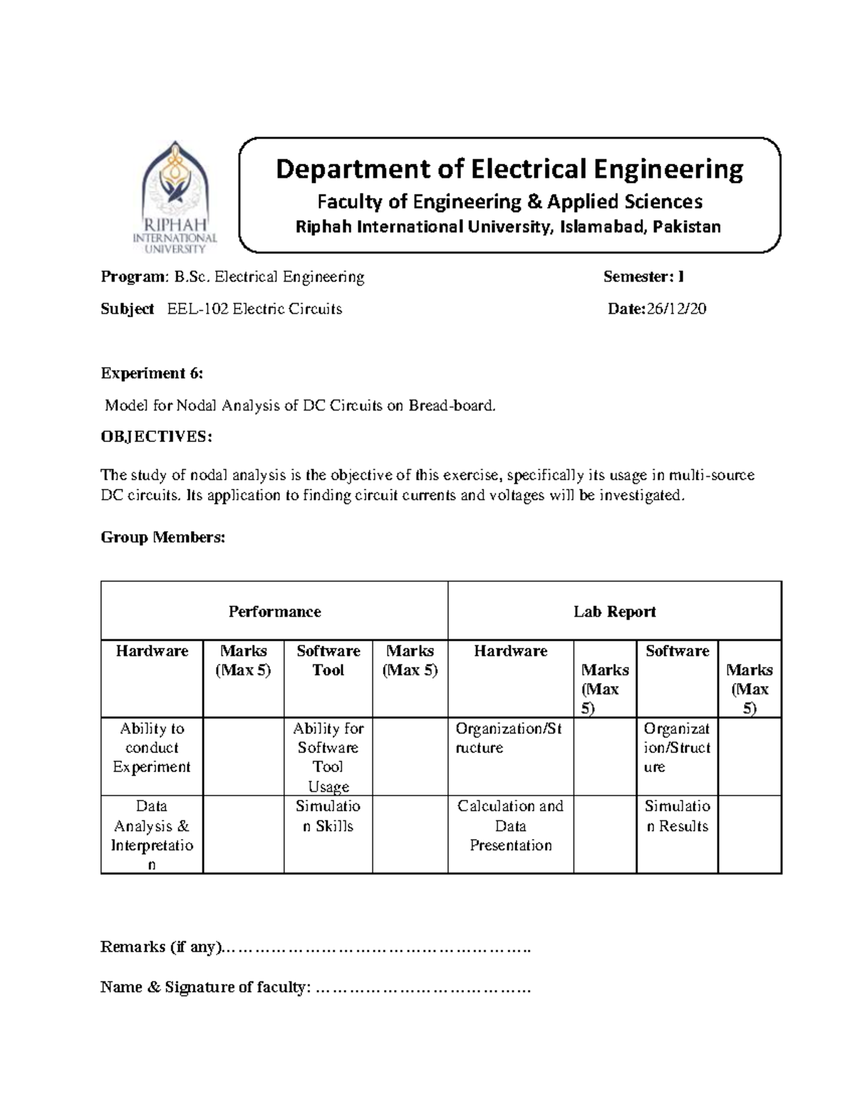 Electric Circuit Lab EEL-102 Report 06 - Program : B. Electrical ...