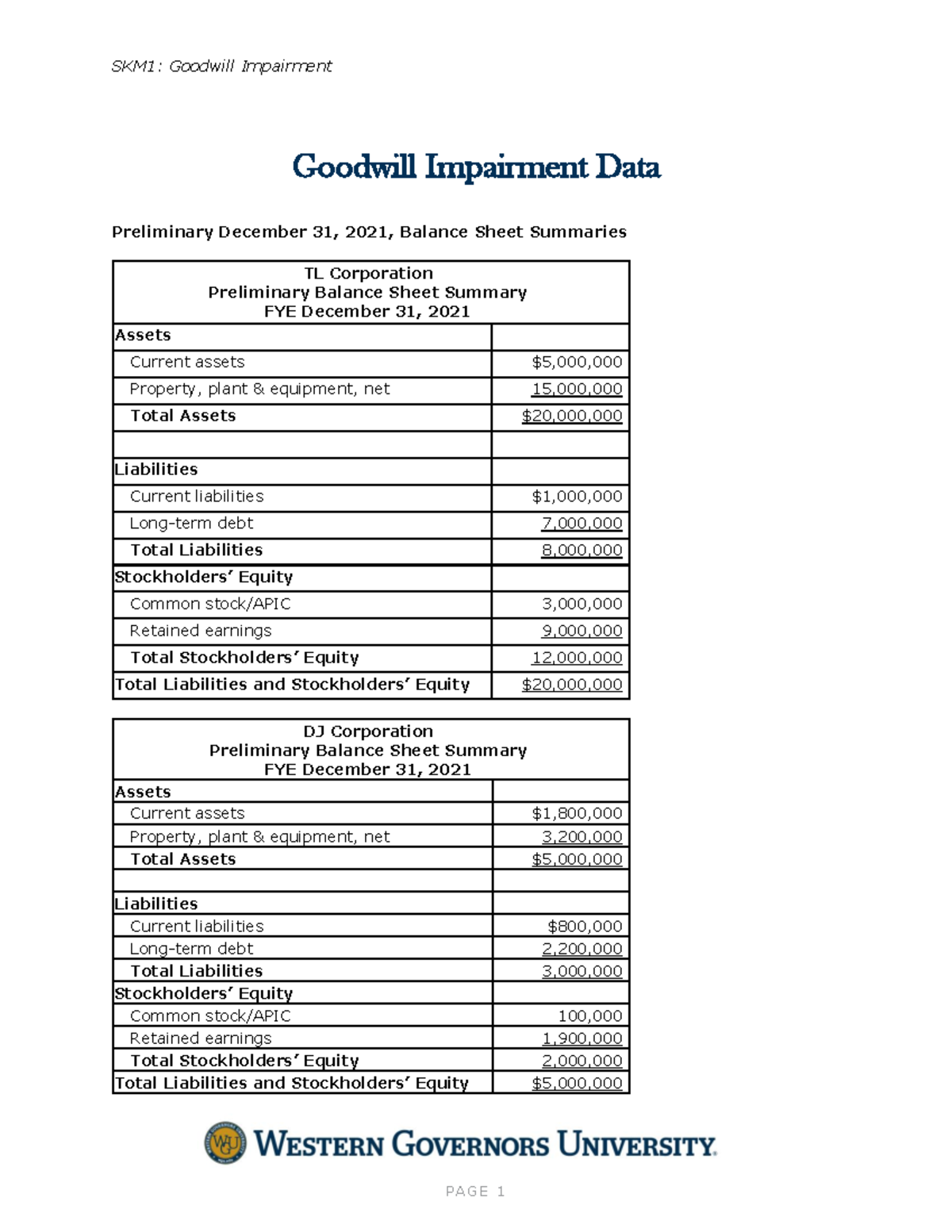 Project 2 Goodwill Impairment Data - SKM1: Goodwill Impairment P A G E ...