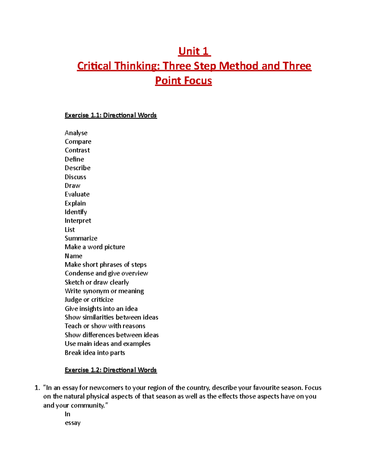 Unit 1 Exercise - Lecture notes unit 1 - Unit 1 Critical Thinking ...