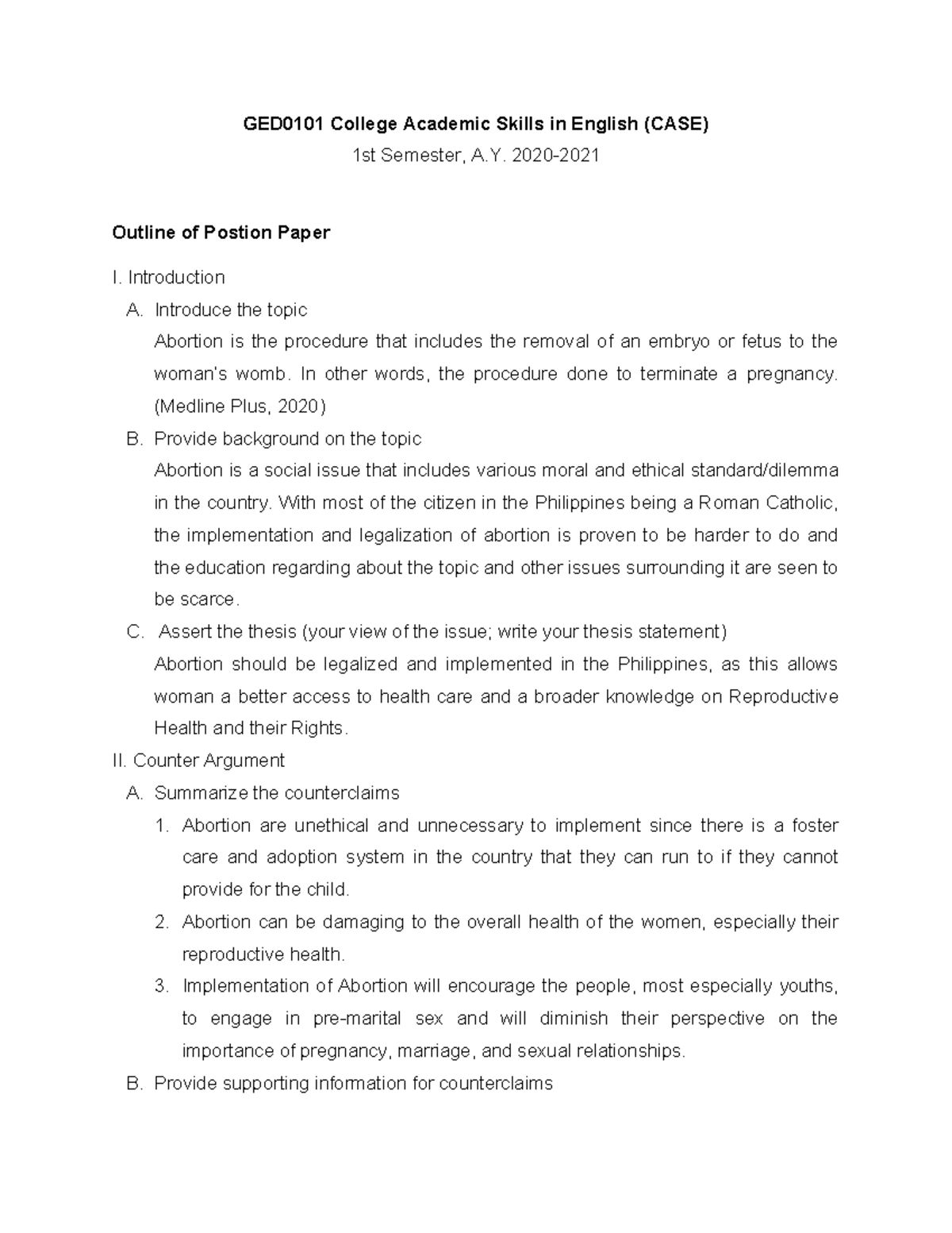 Abortion - Position Paper - GED0101 College Academic Skills in English ...