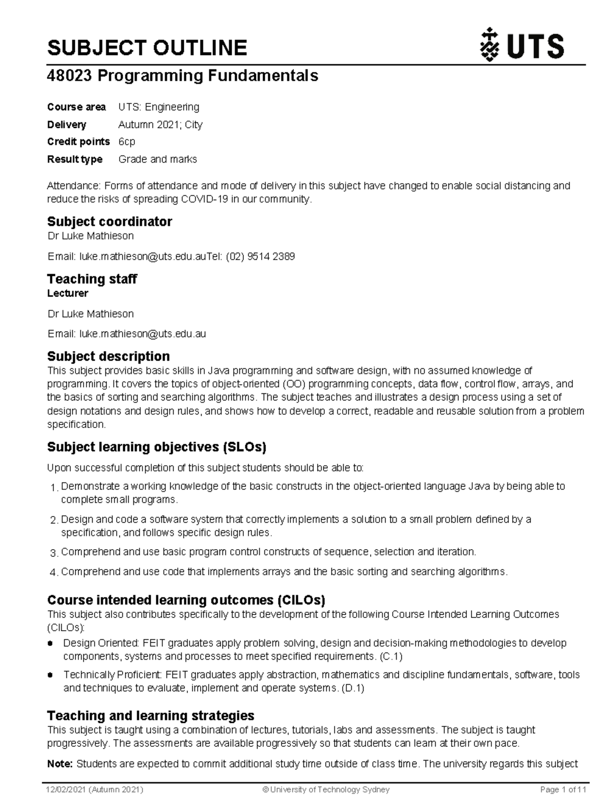 Prog fund - Lecture notes 1 - SUBJECT OUTLINE 48023 Programming ...