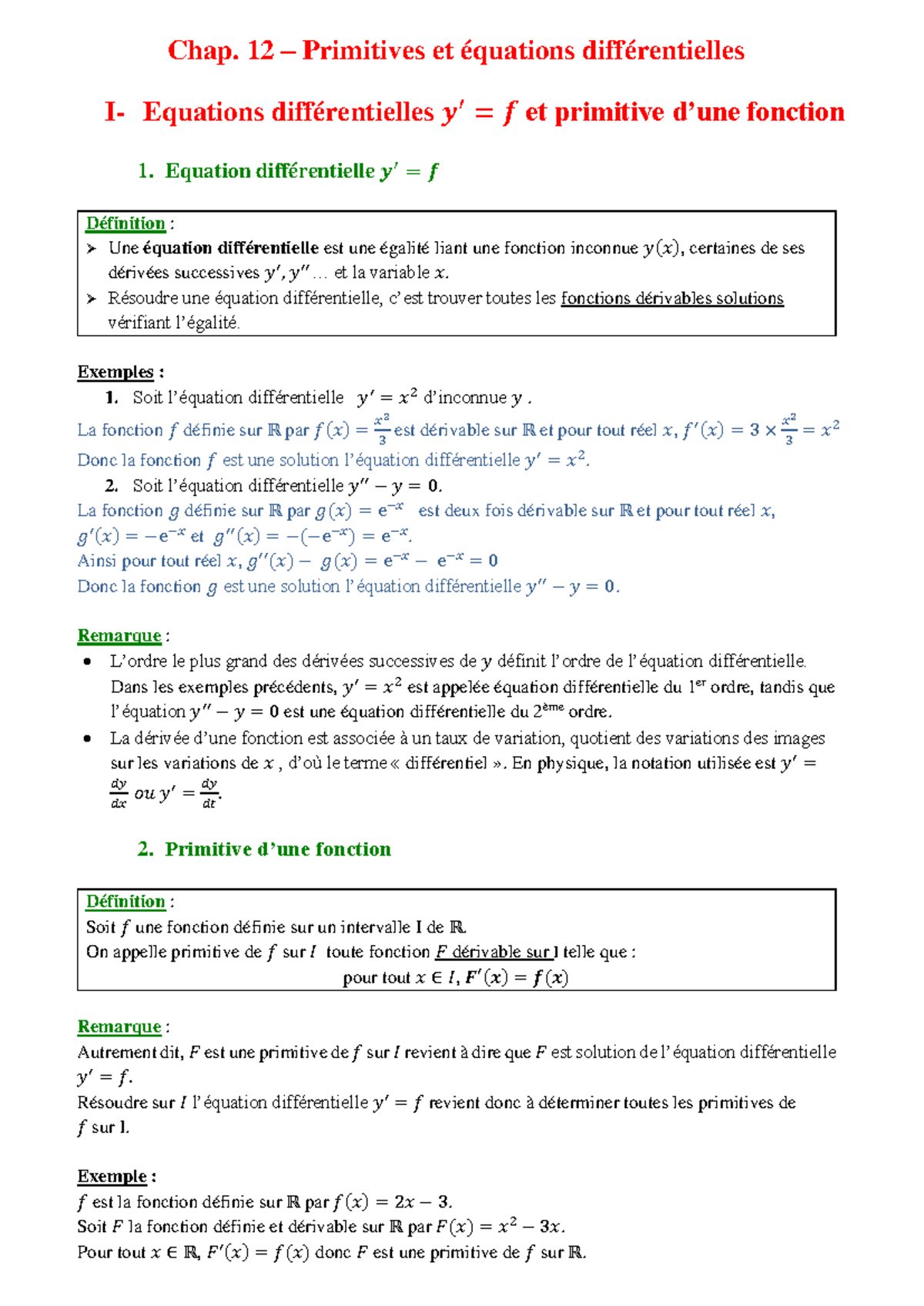 Chap12 - Primitives et équations différentielles - cours complet - Chap. 12 – Primitives et ...
