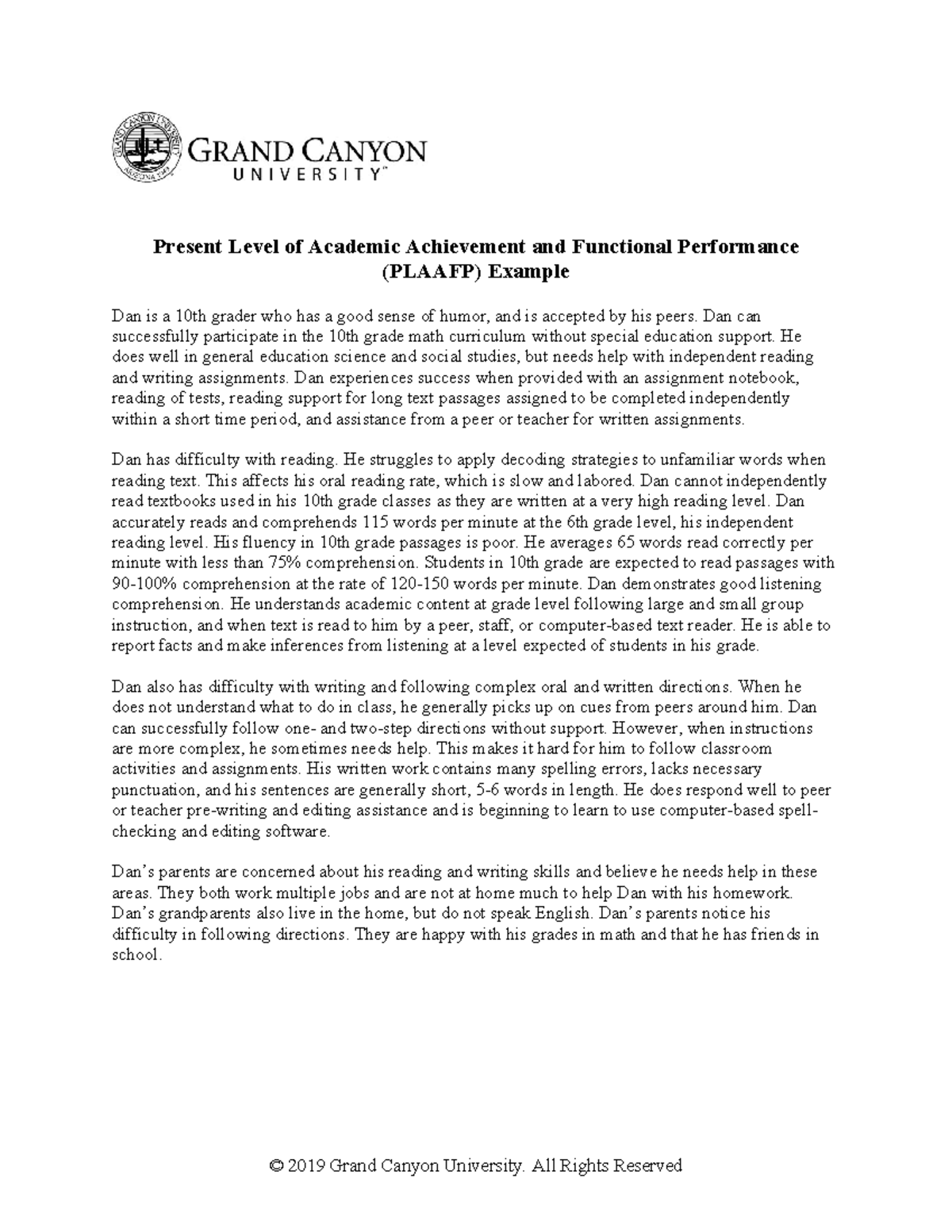 SPD-300-T4-RS- Plaafp Example - Present Level of Academic Achievement and Functional Performance ...