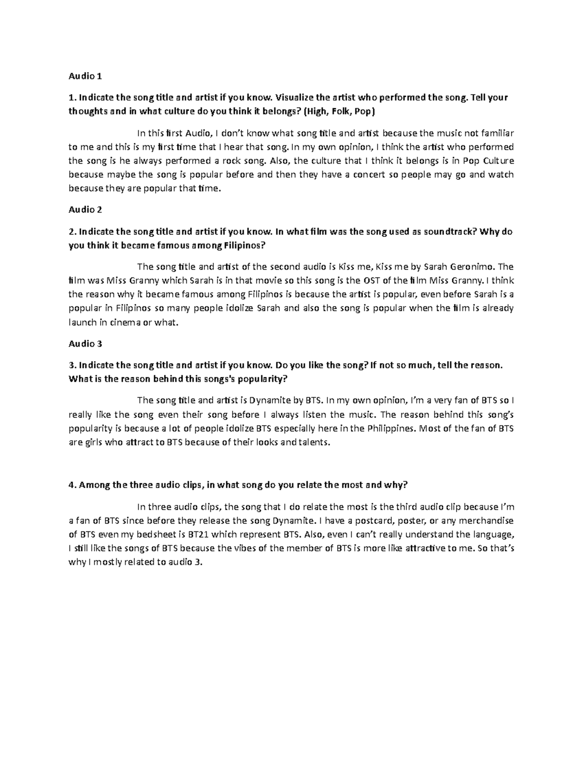 Introduction to Popular Culture - Audio 1 Indicate the song title and ...