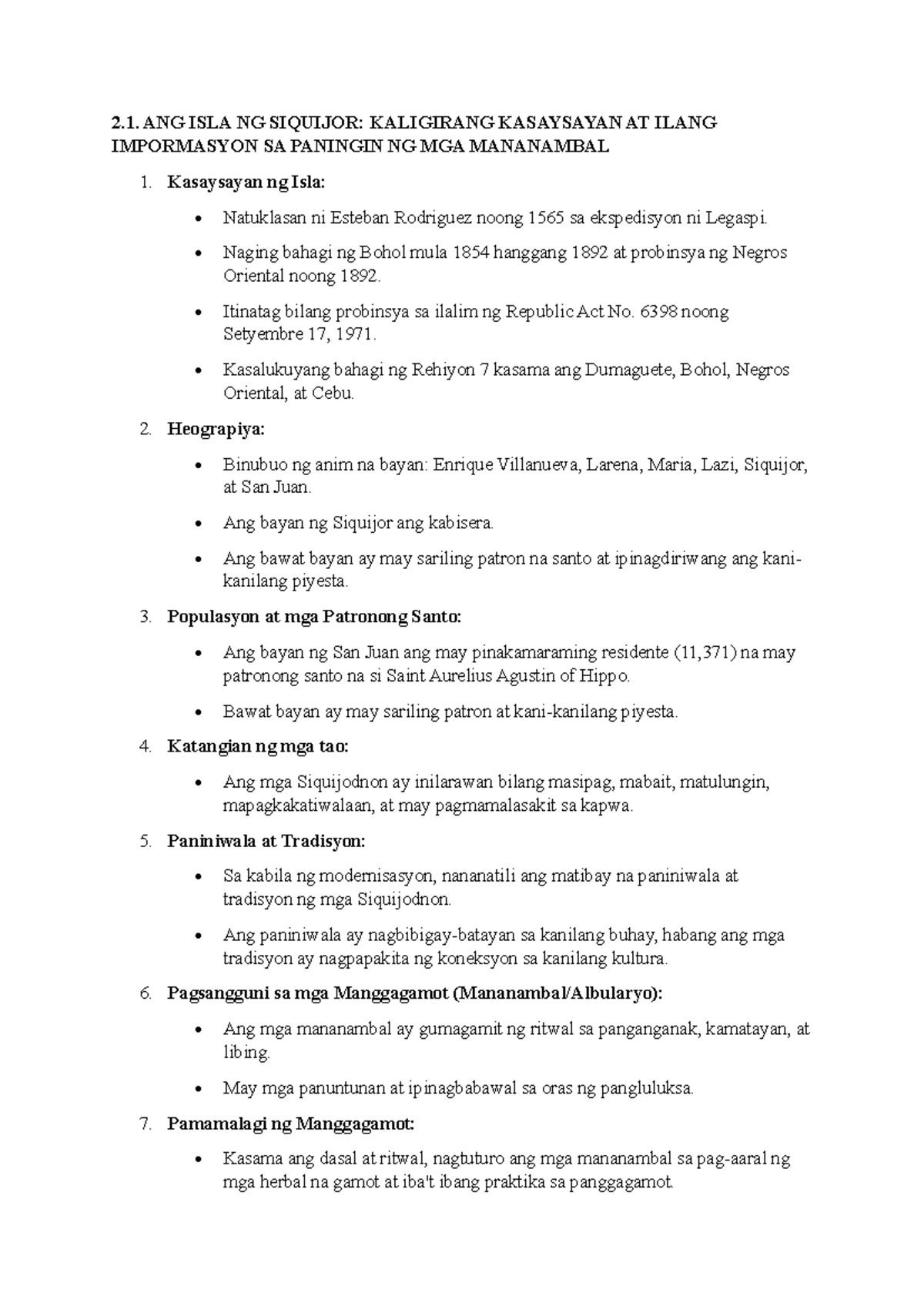 Filipino Assignment - 2. ANG ISLA NG SIQUIJOR: KALIGIRANG KASAYSAYAN AT ...