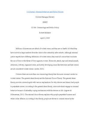 CJ 306- Module 1 Journal - 1-2 Journal: Crimes and Behaviors Dolores ...