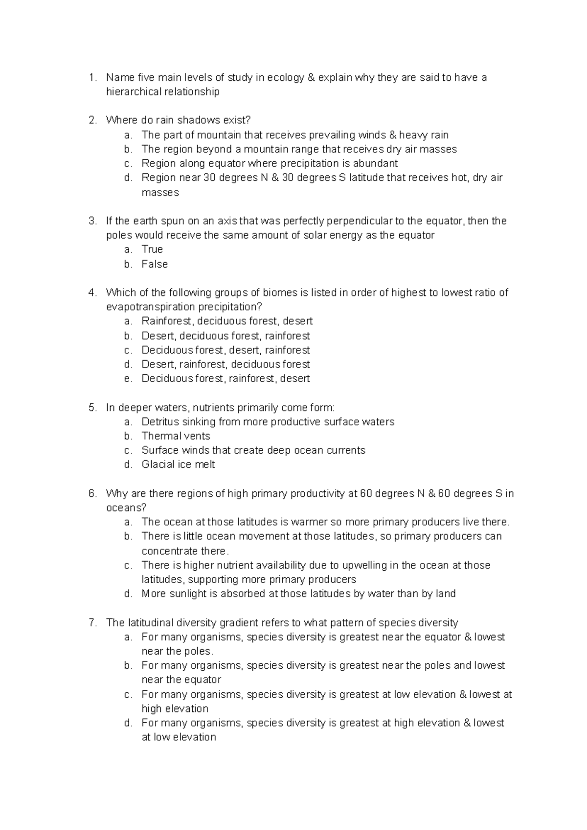 Mod 3 Ecology - Cumulative Practice Questions+Answers - Name five main ...
