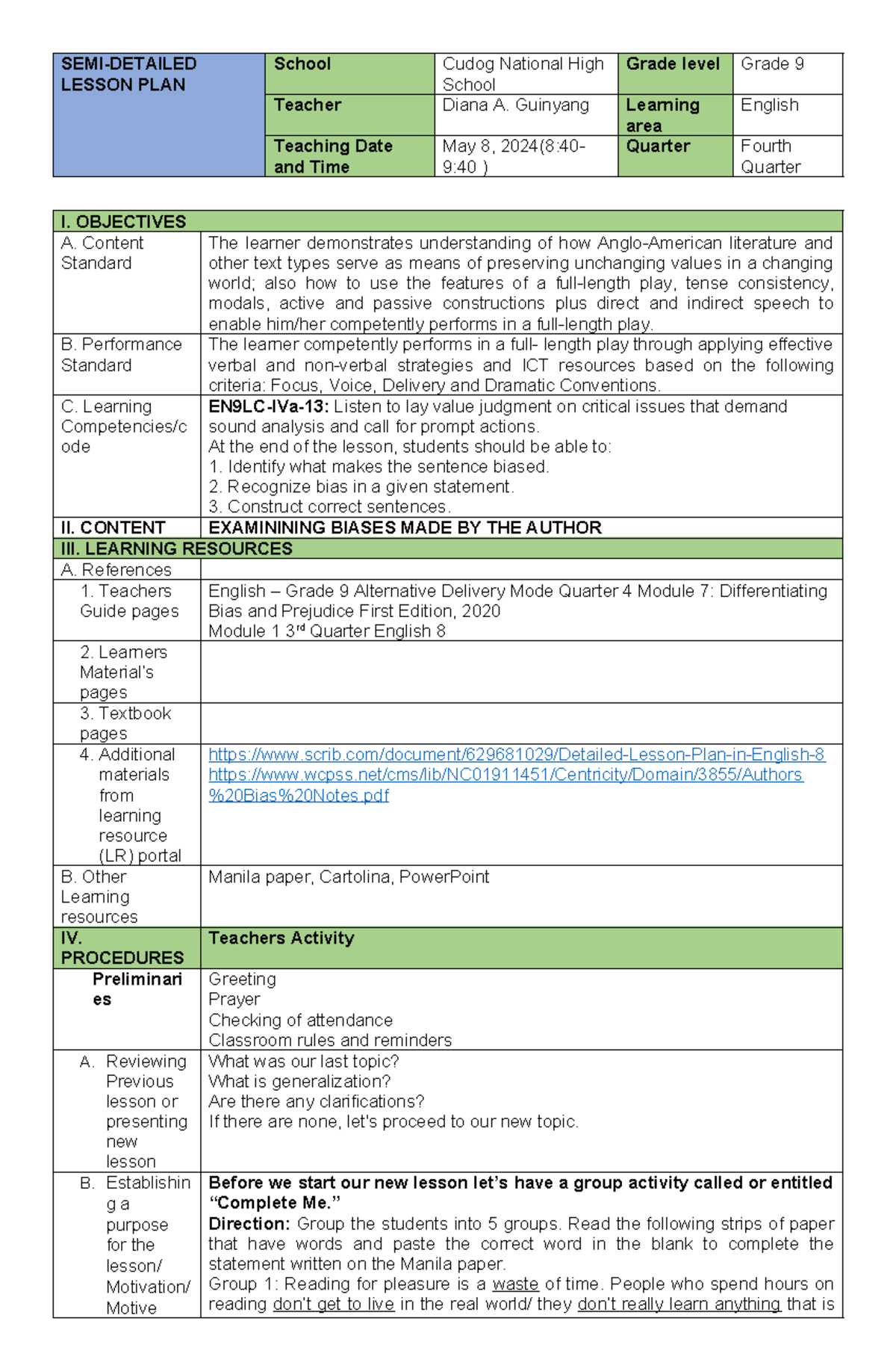 May 8-Semi - Semi-Detailed Lesson plan - SEMI-DETAILED LESSON PLAN ...