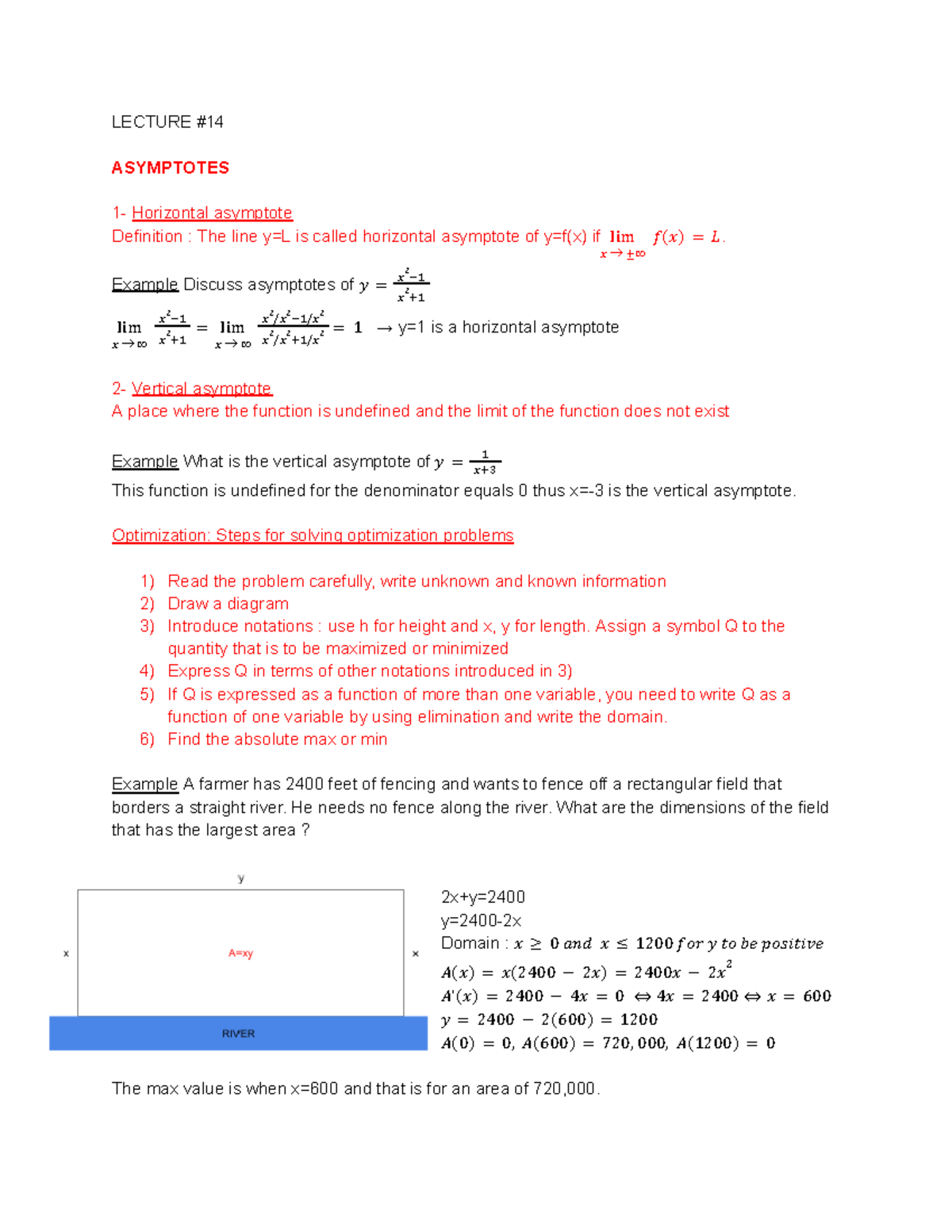 Nov 1 Lec 14 Lecture Notes For Calc Lecture Asymptotes 1 Horizontal Asymptote Definition