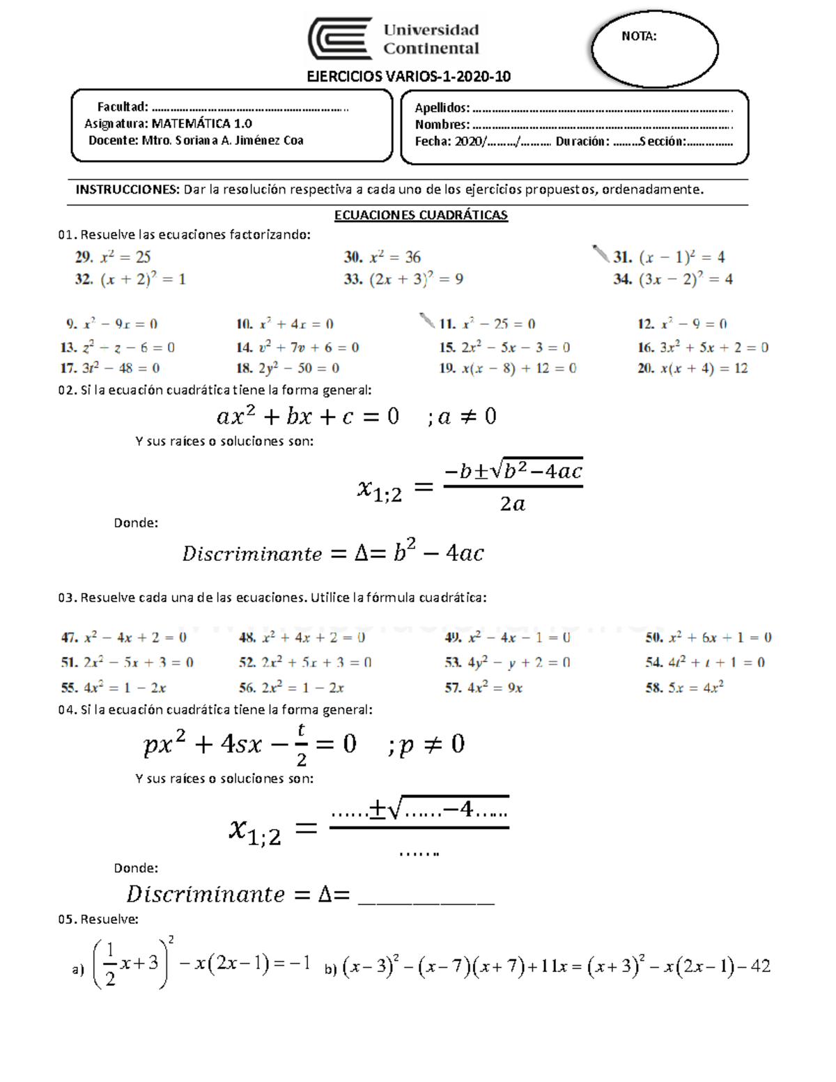Ejercicios Ecuaciones e Inecuaciones - EJERCICIOS VARIOS-1-2020 ...