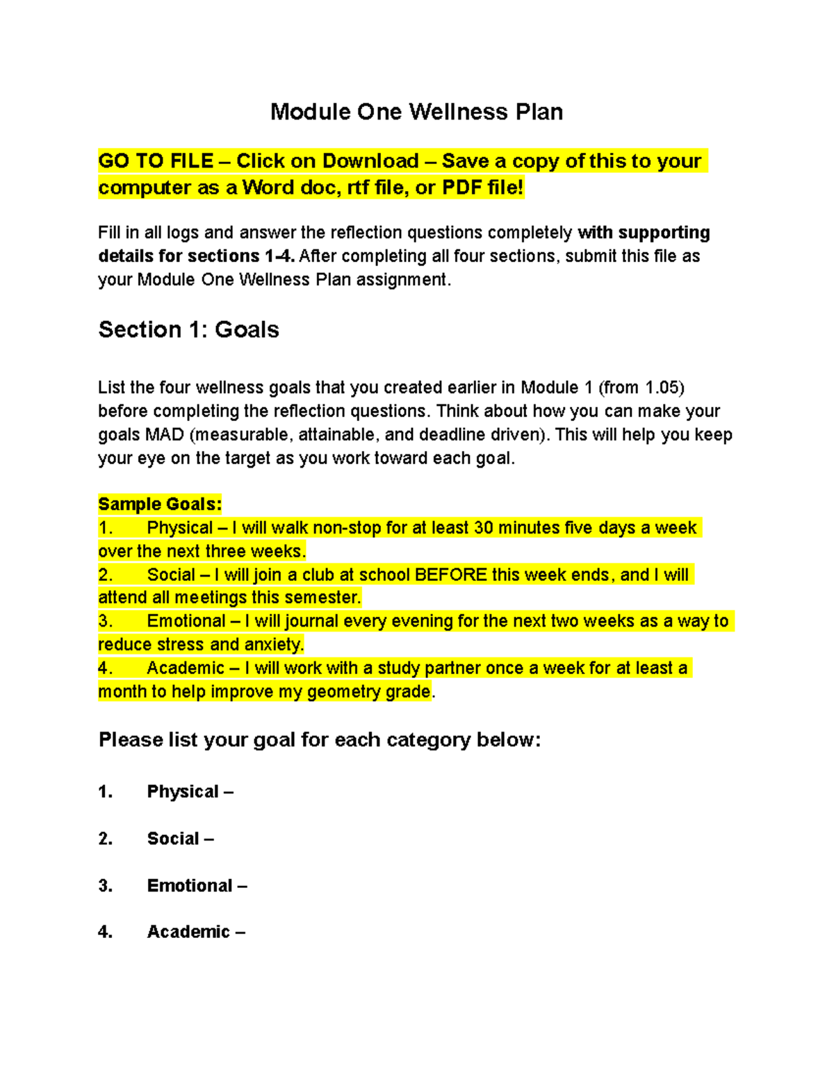 Copy of Module One Wellness Plan - Module One Wellness Plan GO TO FILE ...