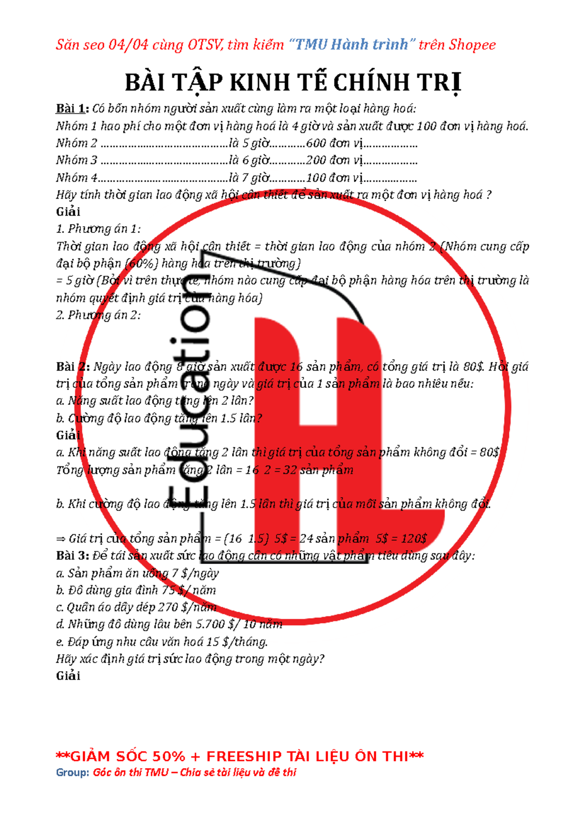 BÀI TẬP KINH TẾ Chính TRỊ - BÀI T P KINH TẾẾ CHÍNH TRẬỊ Bài 1: Có bốến ...