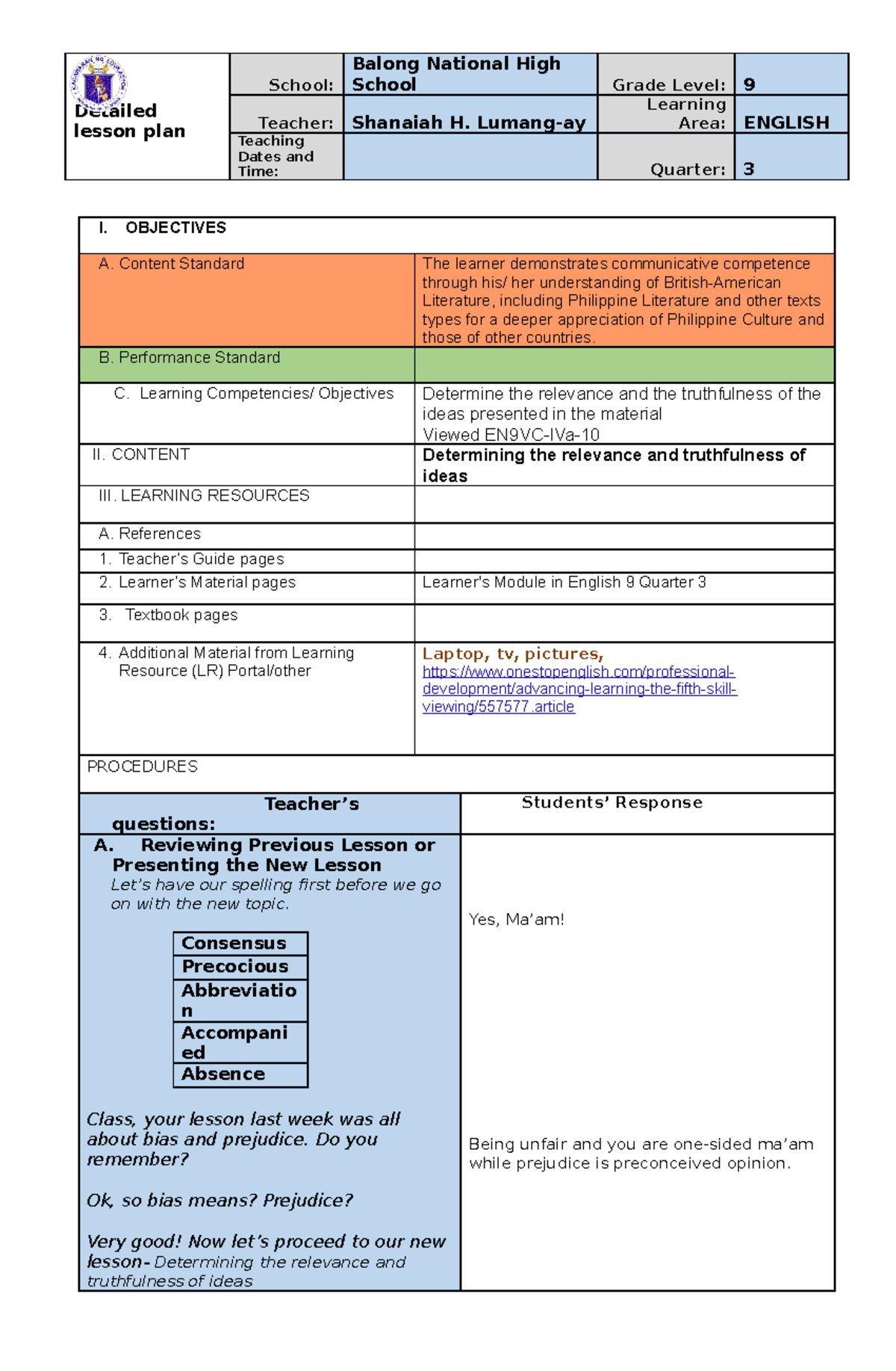Grade 9 LP 1 - this is done for demonnstration - Detailed lesson plan School: Balong National ...